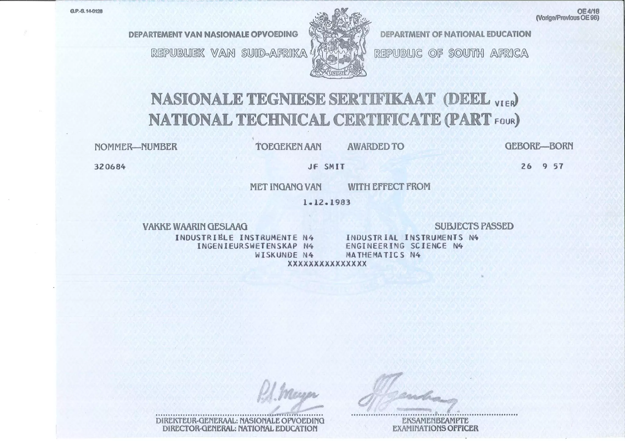 JF Smit N4 Certificate | PDF
