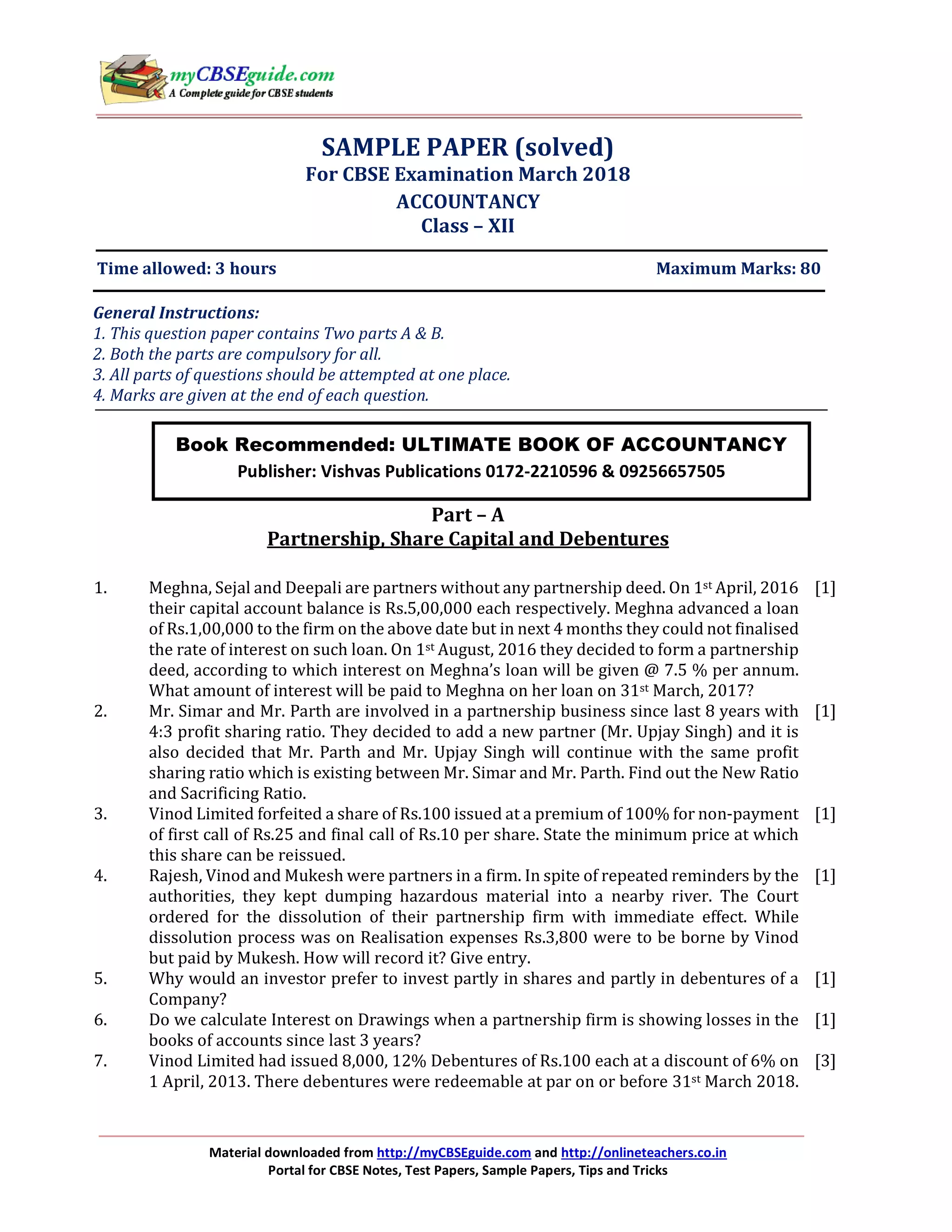 Latest accountancy sample paper 2018(SOLVED) (FULLY UNLOCKED) 12th ...