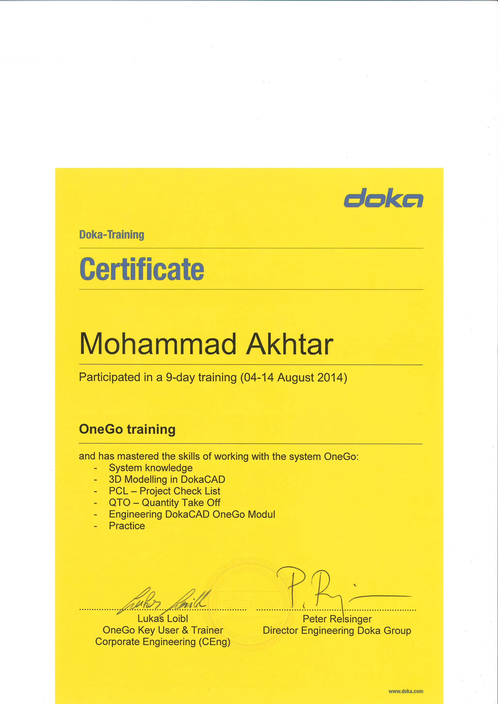 Doka oneGo Certificate | PDF