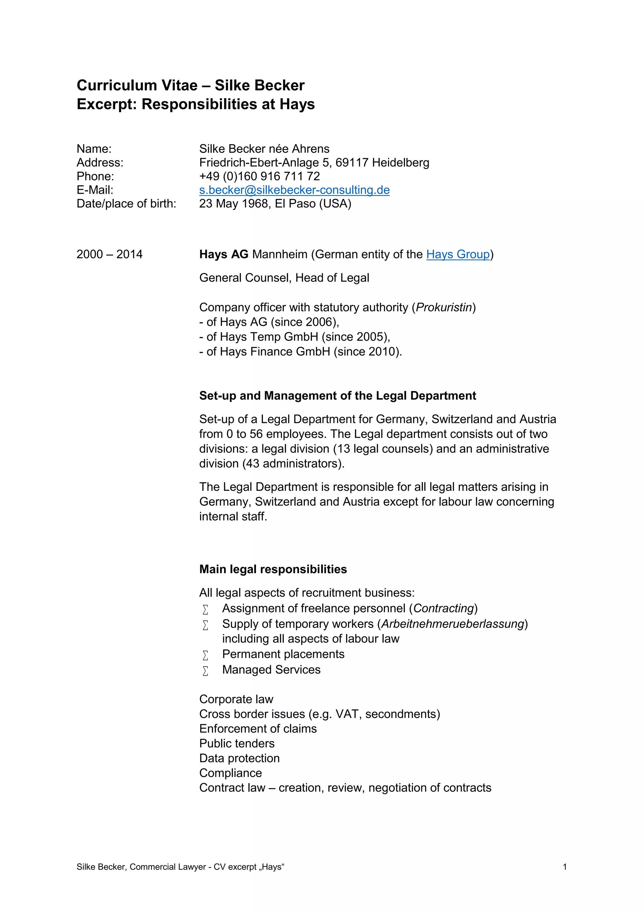 CV excerpt Hays | PDF