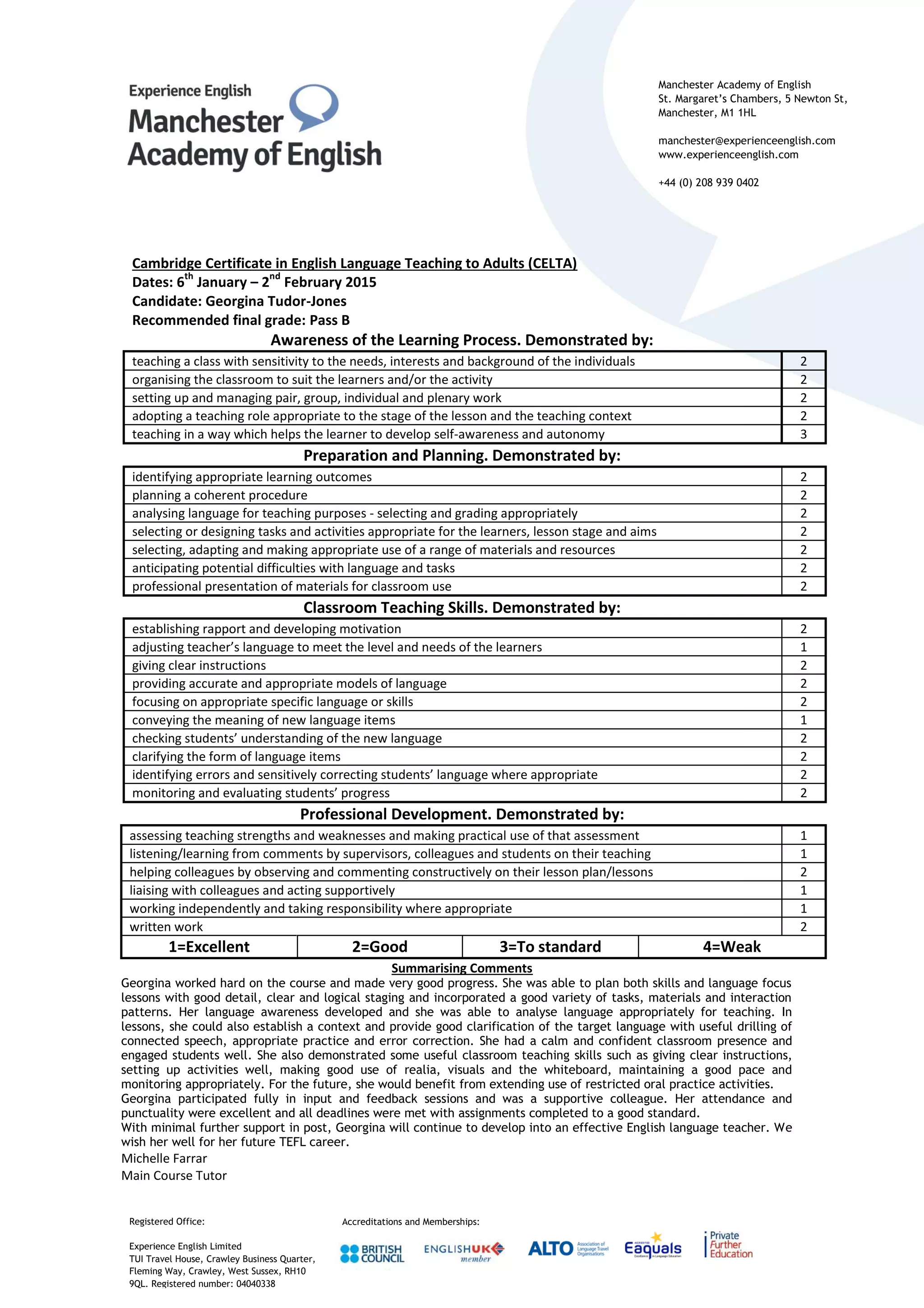 CELTA End of Course Report | PDF