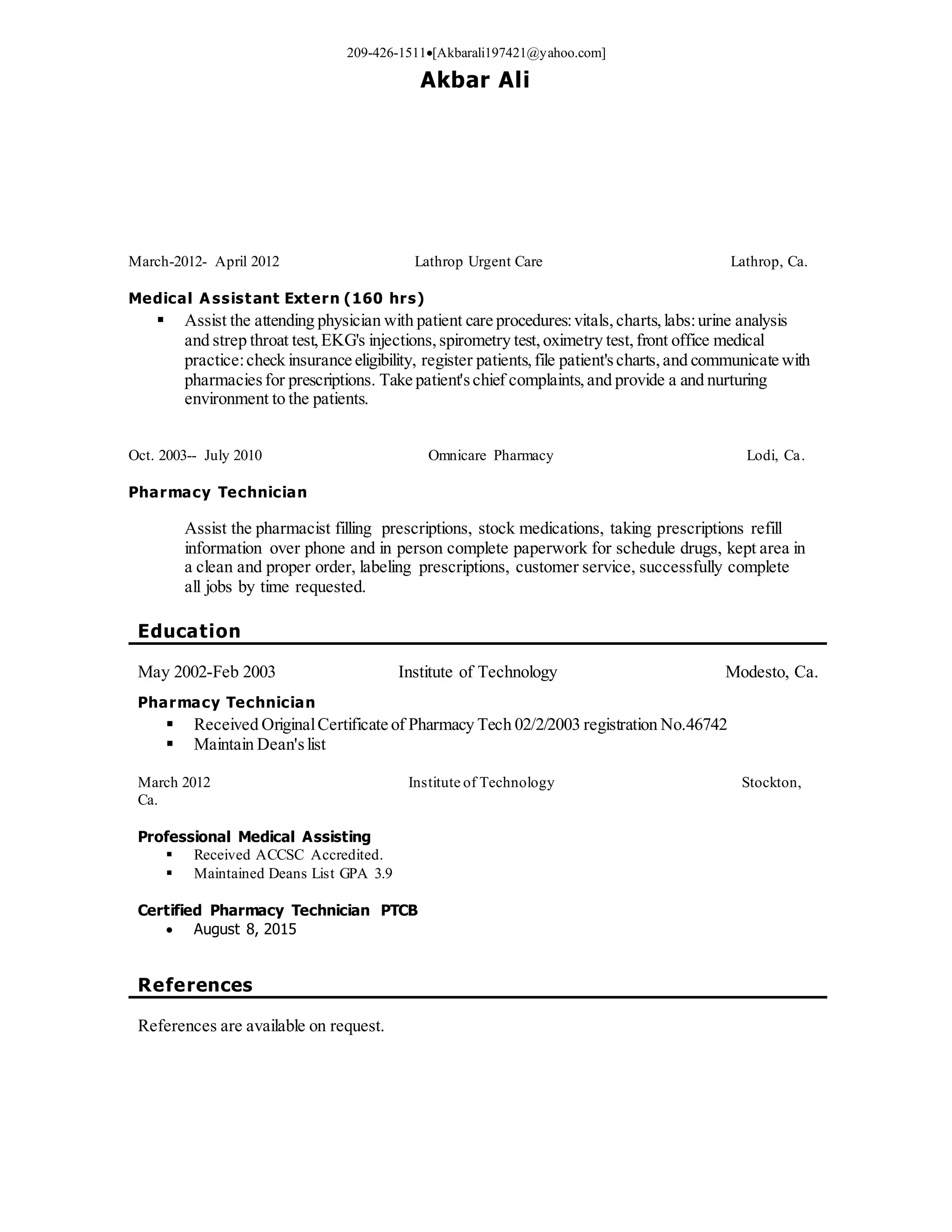 Pharmacy Resumee 2016 | DOCX | Pharmaceutical Industry | Industries