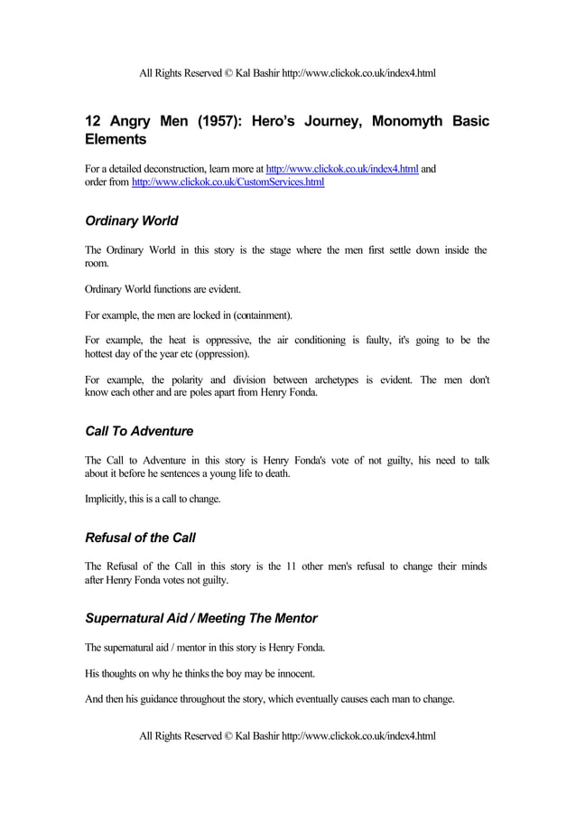 12 Angry Men (1957) story structure using hero's journey | PDF