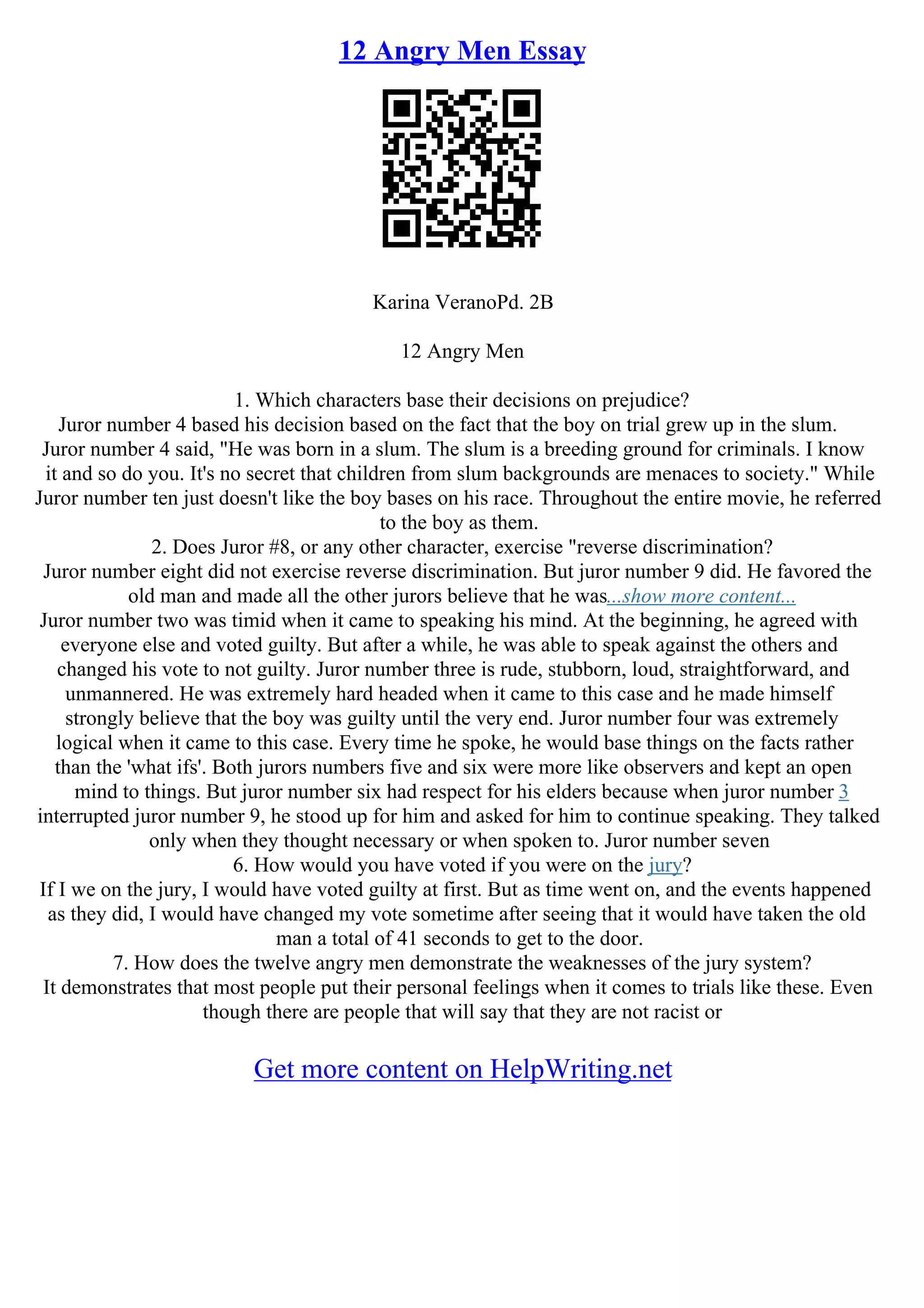 12 Angry Men Essays | PDF
