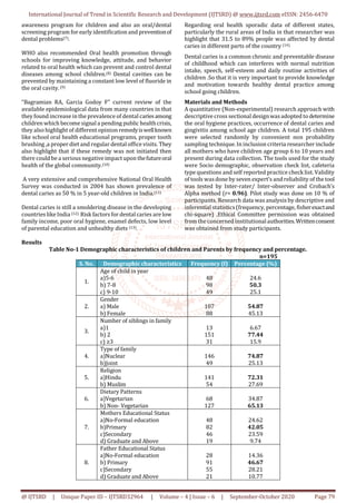 Assess the Oral Hygiene Practices, Occurrence of Dental Caries and Gingivitis among School Age ...