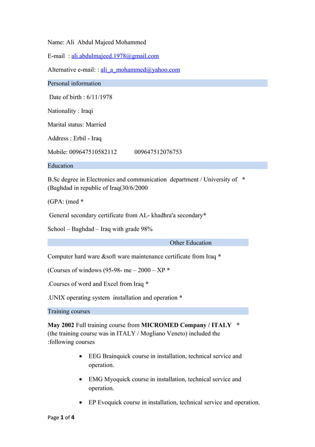 ali abdul majeed cv | DOC | Computing | Technology & Computing
