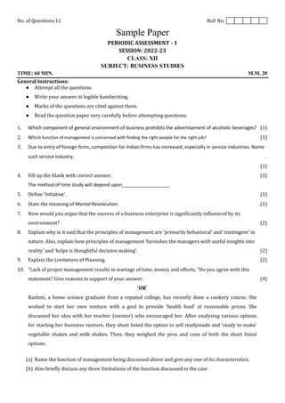 12 Business studies Sample Paper | PDF