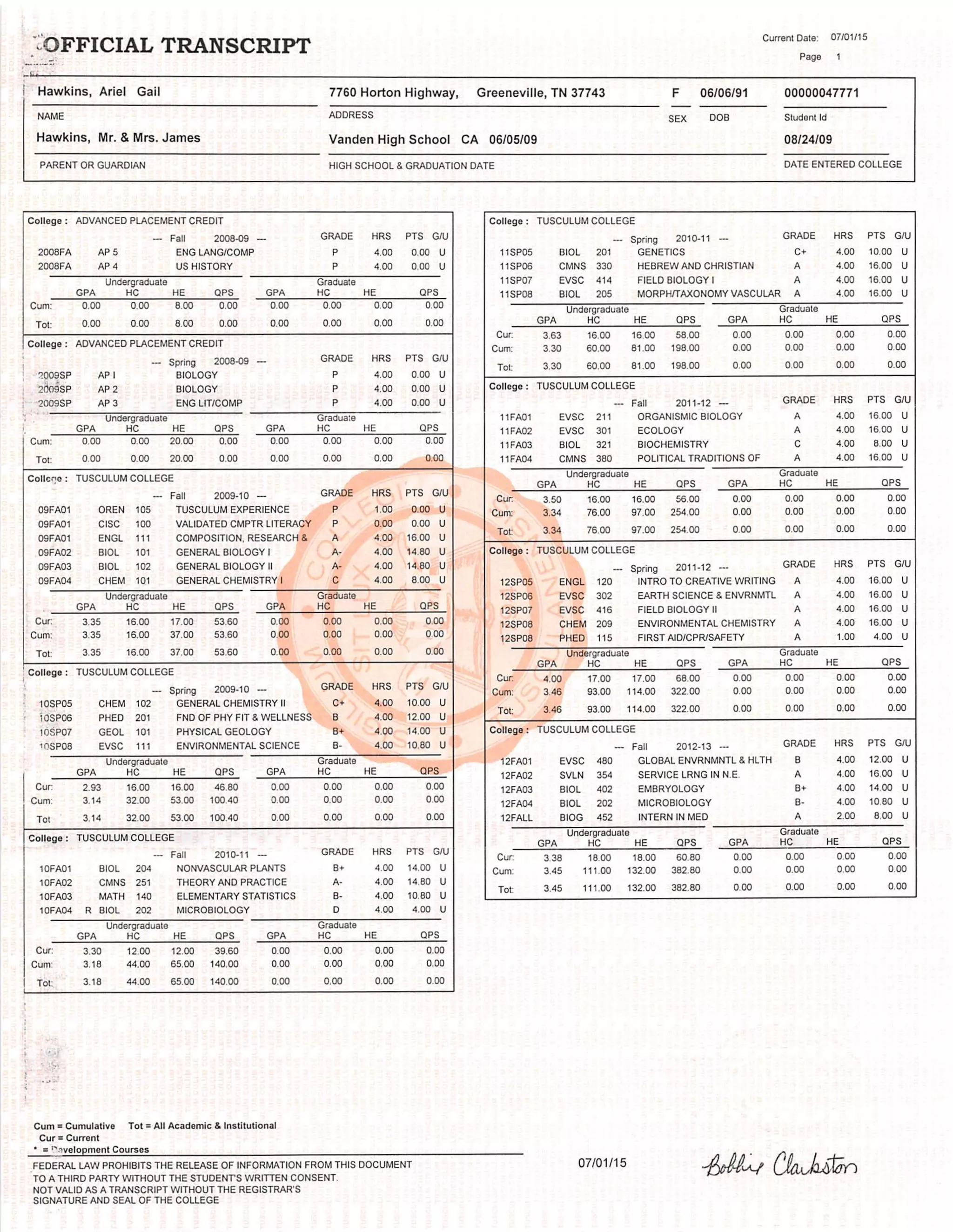 Hawkins_TC official transcript | PDF