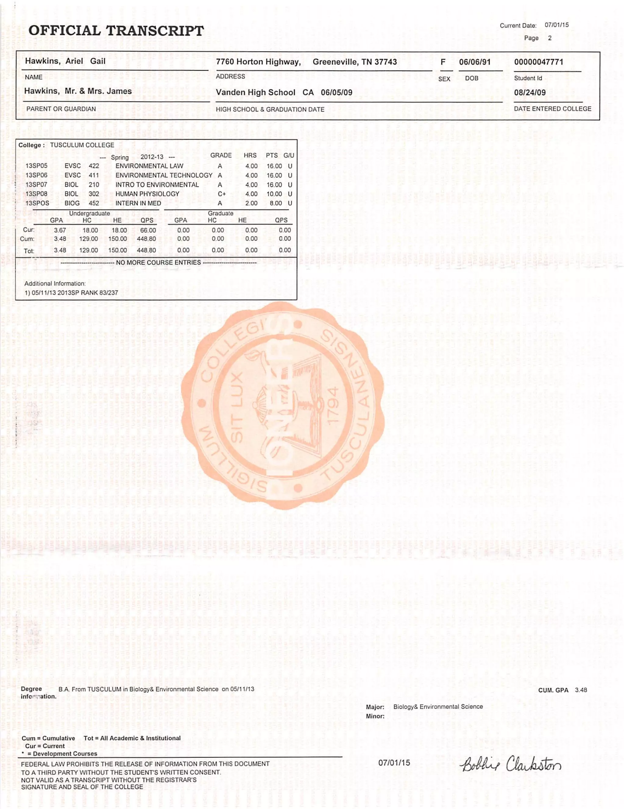Hawkins_TC official transcript | PDF