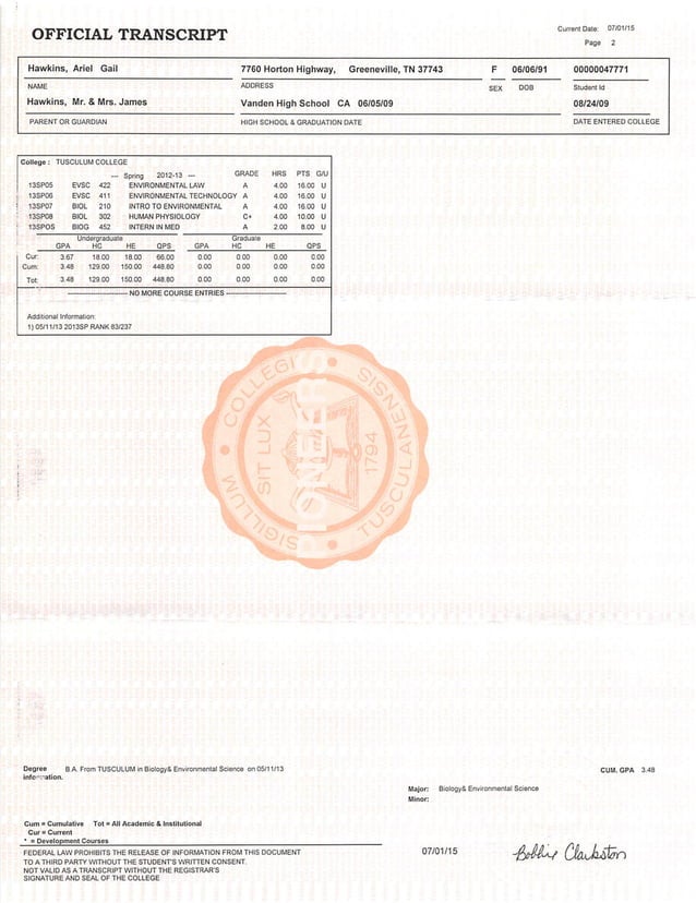 Hawkins_TC official transcript | PDF