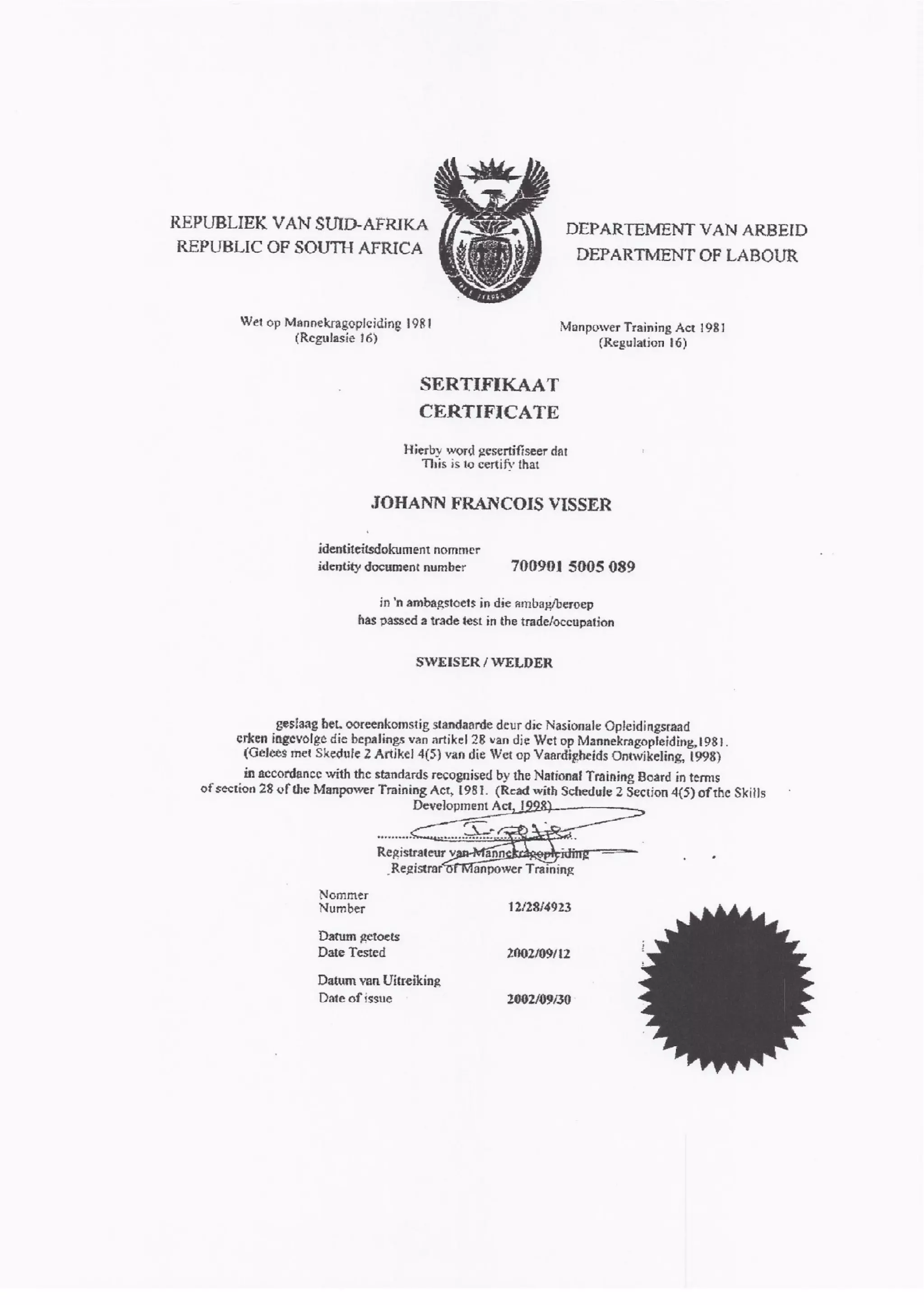 Trade Test Certificate (Welder) | PDF