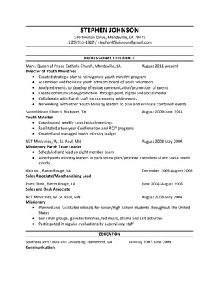 Stephen Johnson Resume | DOCX | Christianity | Religion & Spirituality