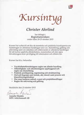 Intyg Registrator kurs 2015-10 | PDF