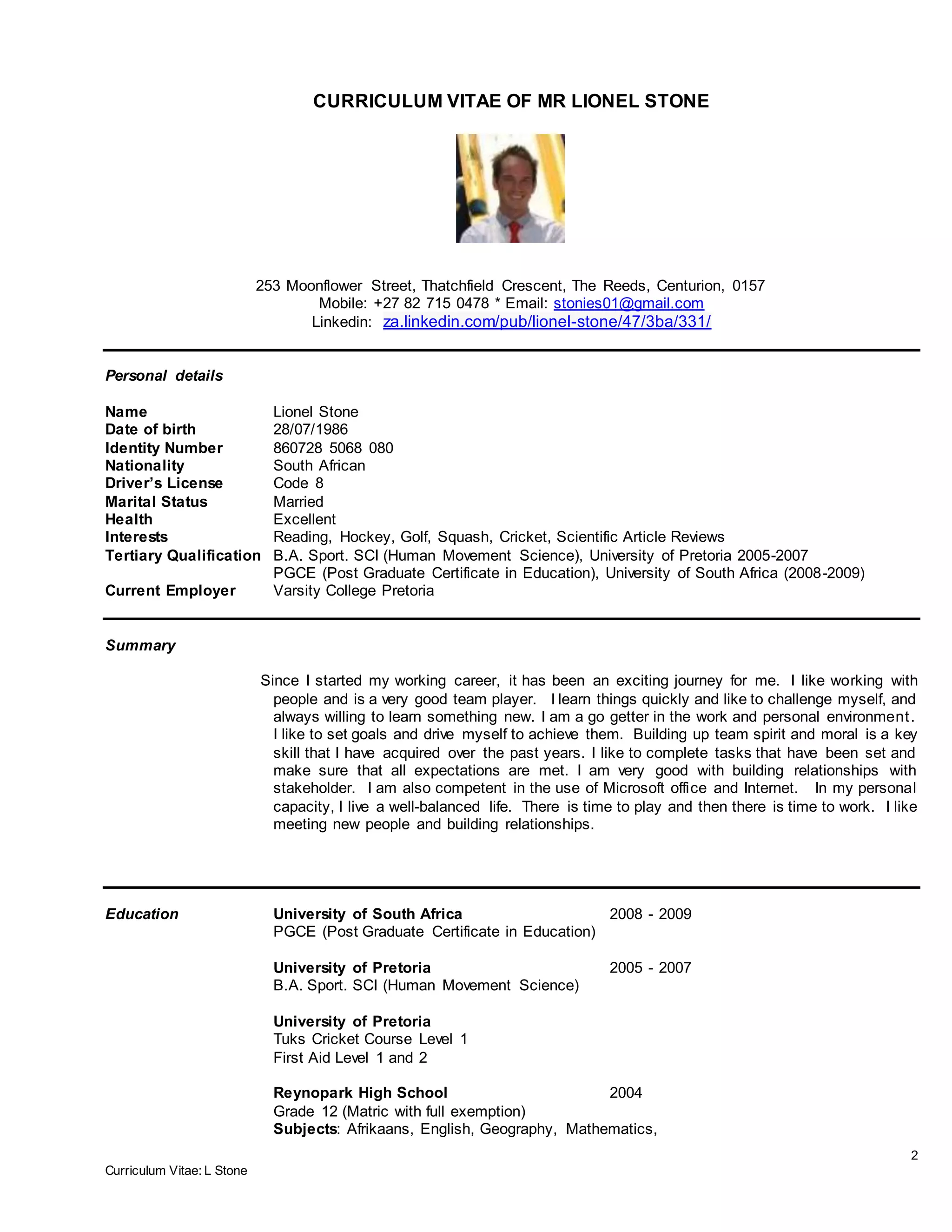 Lionel Stone CV - Curriculum Vitae 1 | DOCX