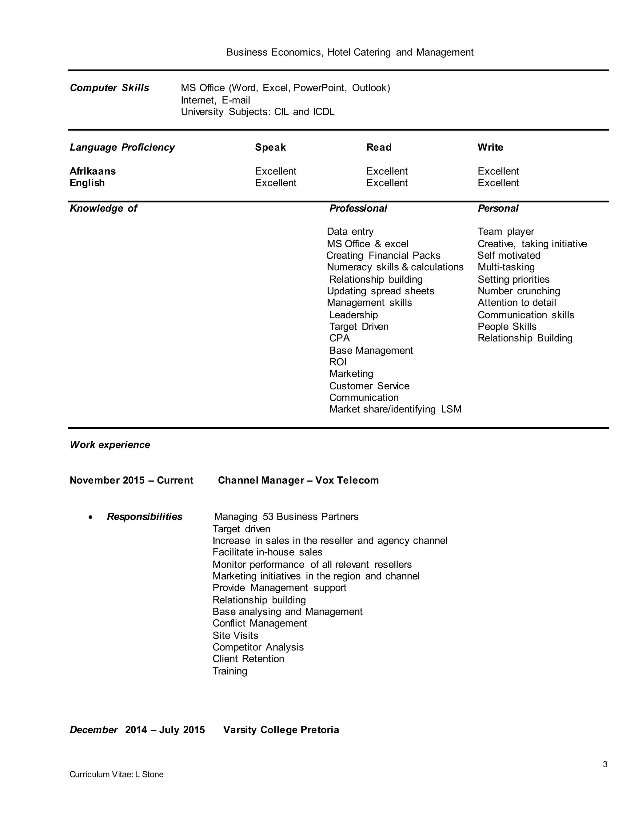 Lionel Stone CV - Curriculum Vitae 1 | DOCX