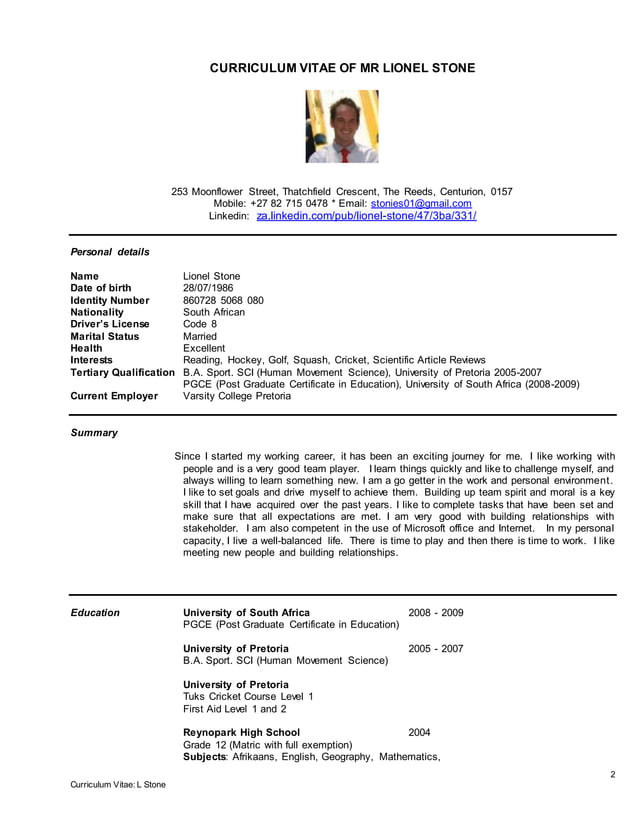 Lionel Stone CV - Curriculum Vitae 1 | PDF