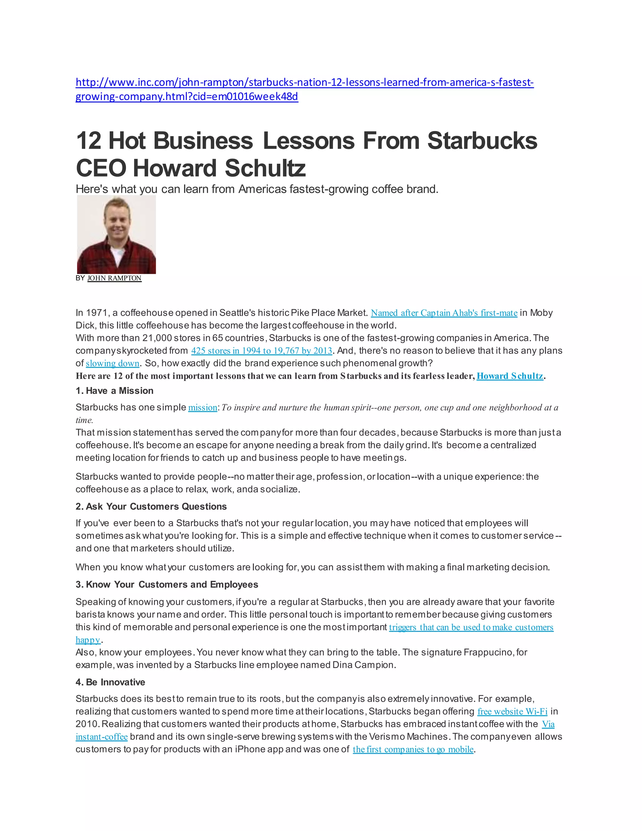12 hot business lessons from starbucks ceo howard schultz | DOCX