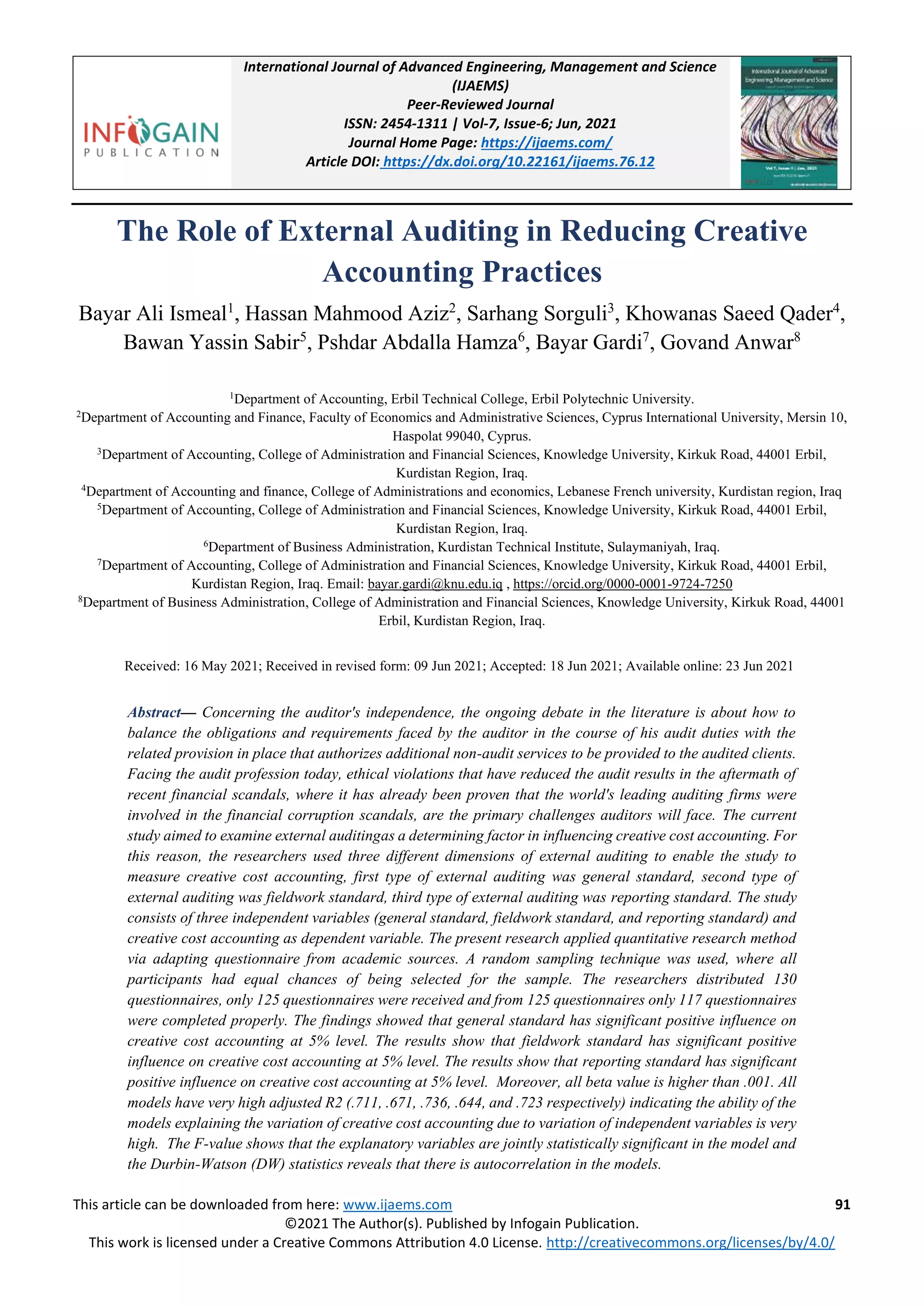 The Role of External Auditing in Reducing Creative Accounting Practices | PDF