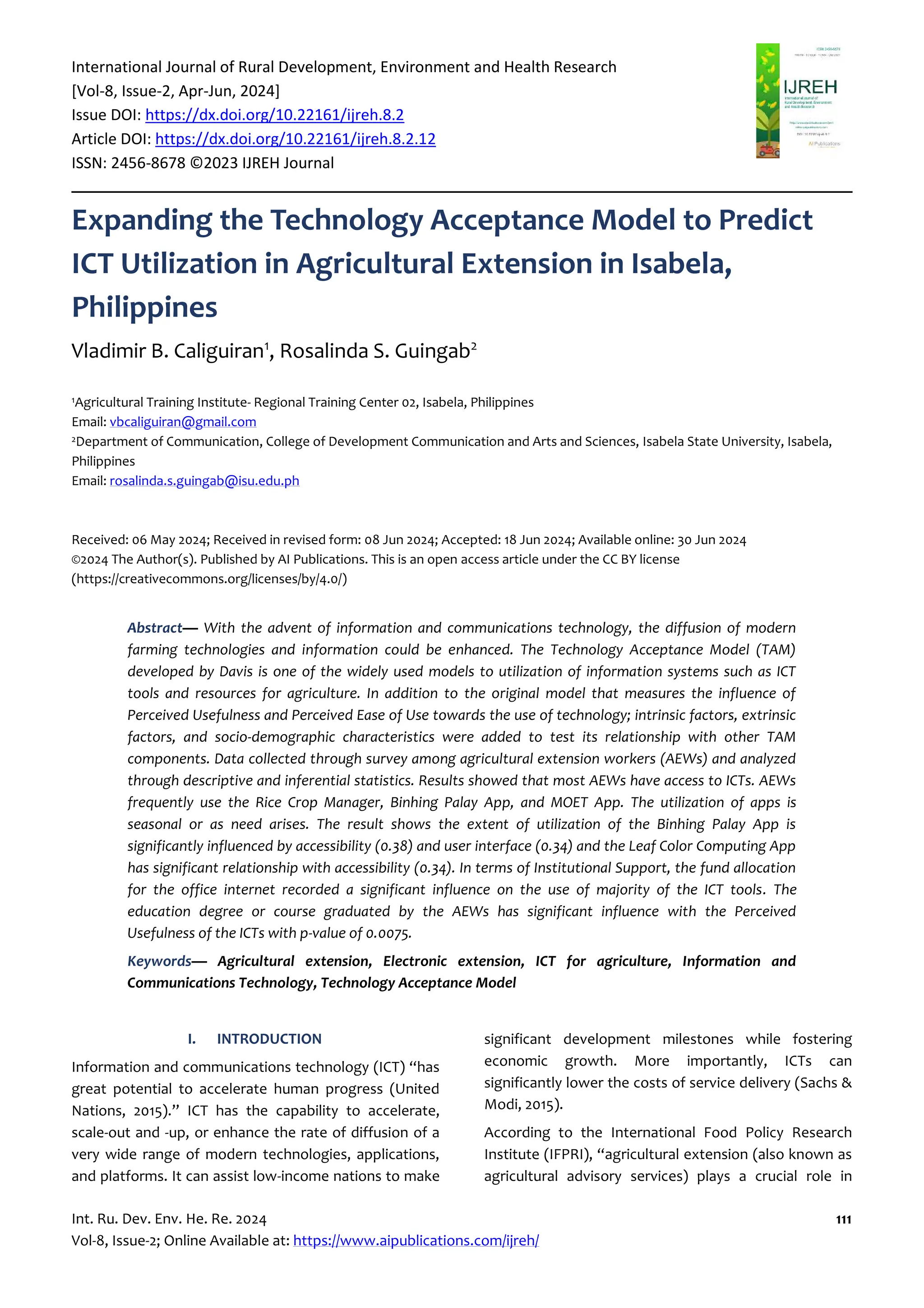 Expanding the Technology Acceptance Model to Predict ICT Utilization in Agricultural Extension ...