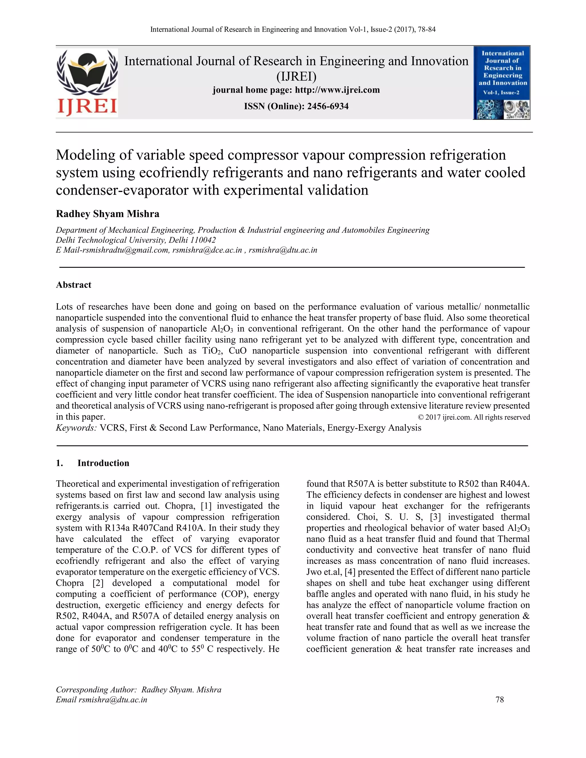 Modeling Of Variable Speed Compressor Vapour Compression Refrigeration System Using Ecofriendly