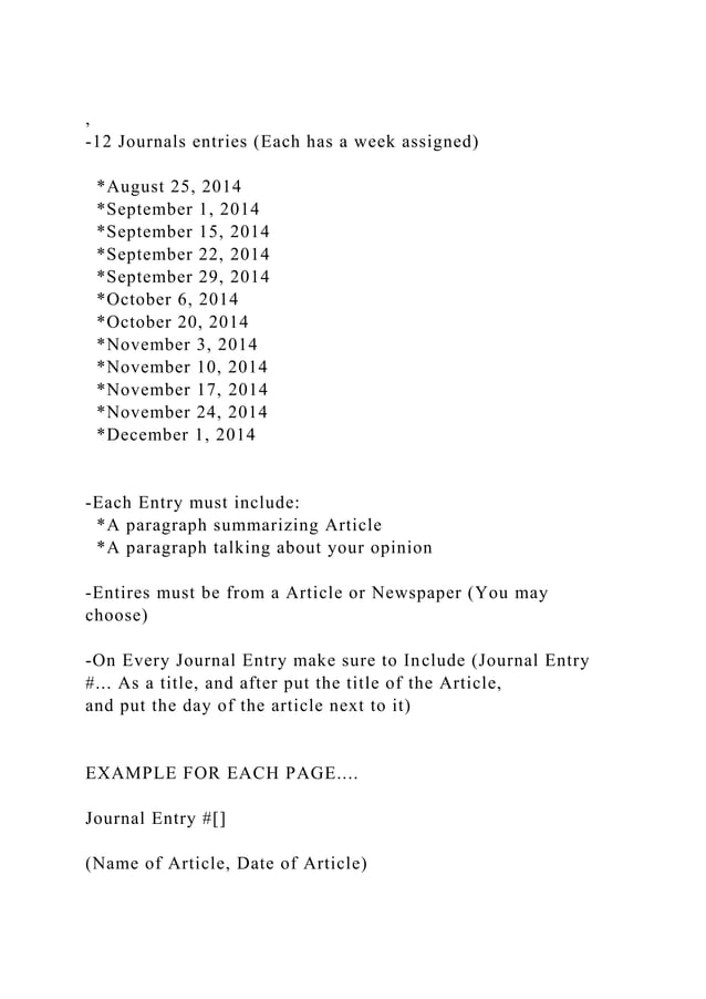 ,-12 Journals entries (Each has a week assigned) August 25, .docx