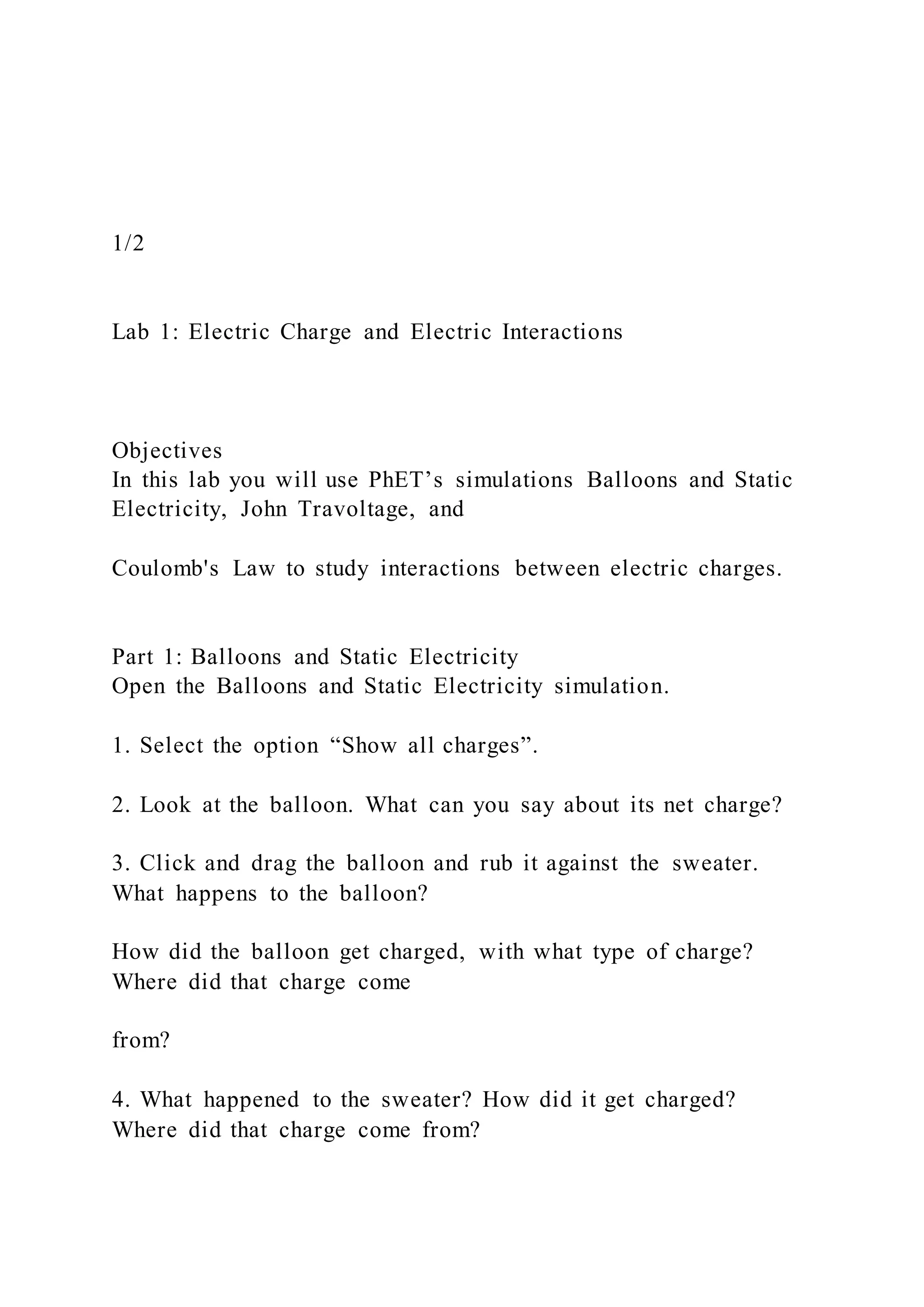 12 Lab 1 Electric Charge and Electric Interactions | DOCX