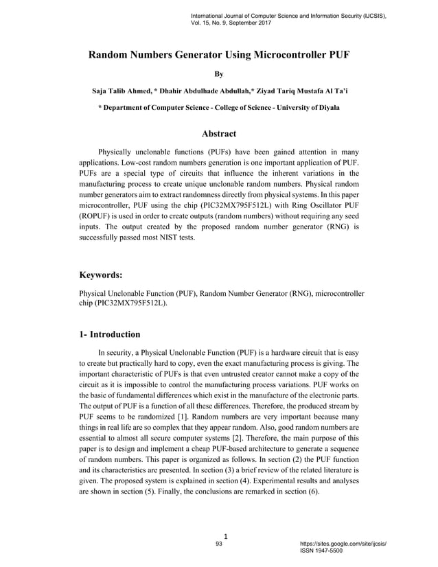 Random Numbers Generator Using Microcontroller PUF | PDF