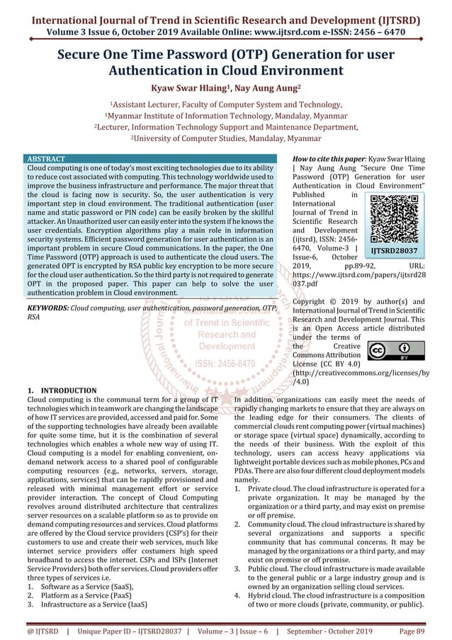 Secure One Time Password OTP Generation for user Authentication in Cloud Environment | PDF