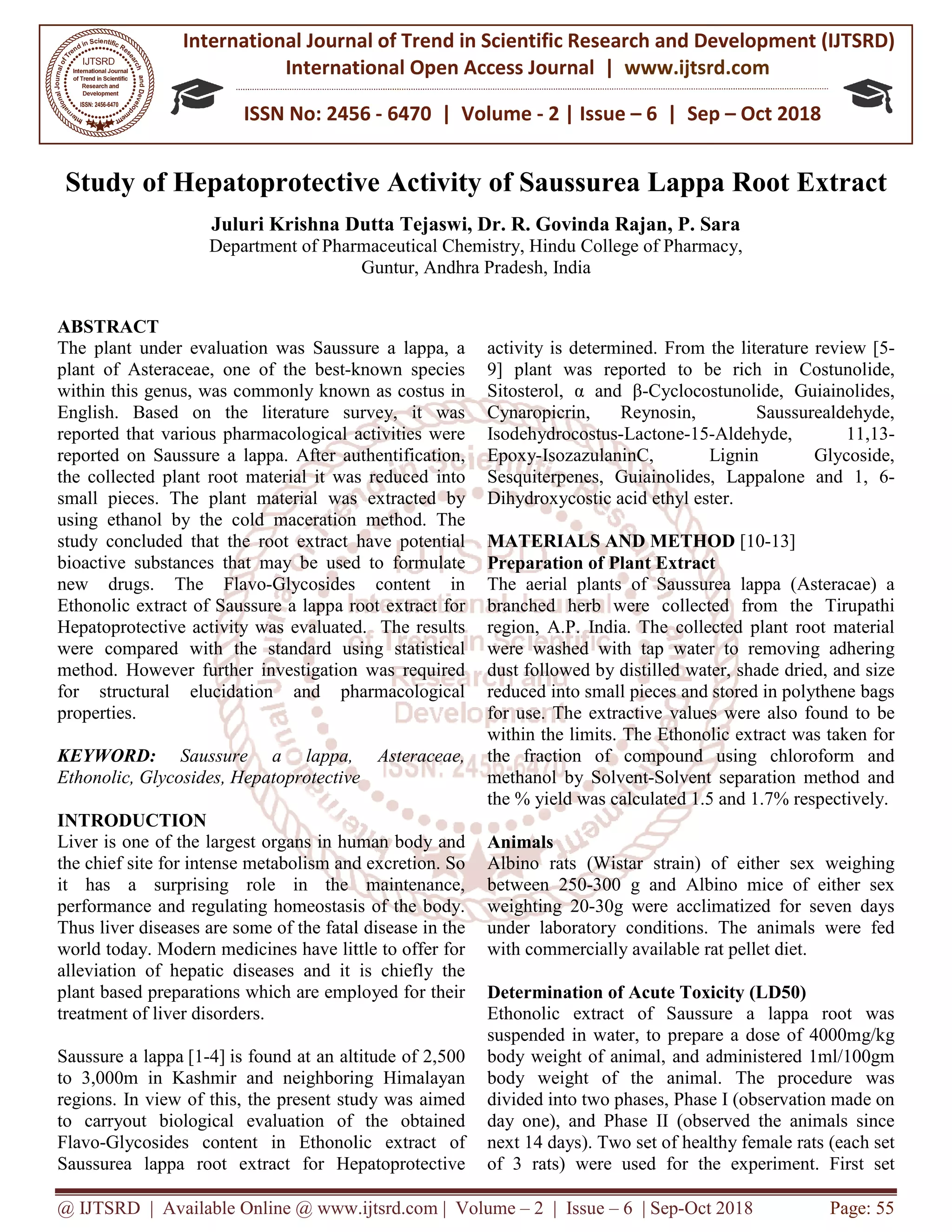 Study of Hepatoprotective Activity of Saussurea Lappa Root Extract | PDF