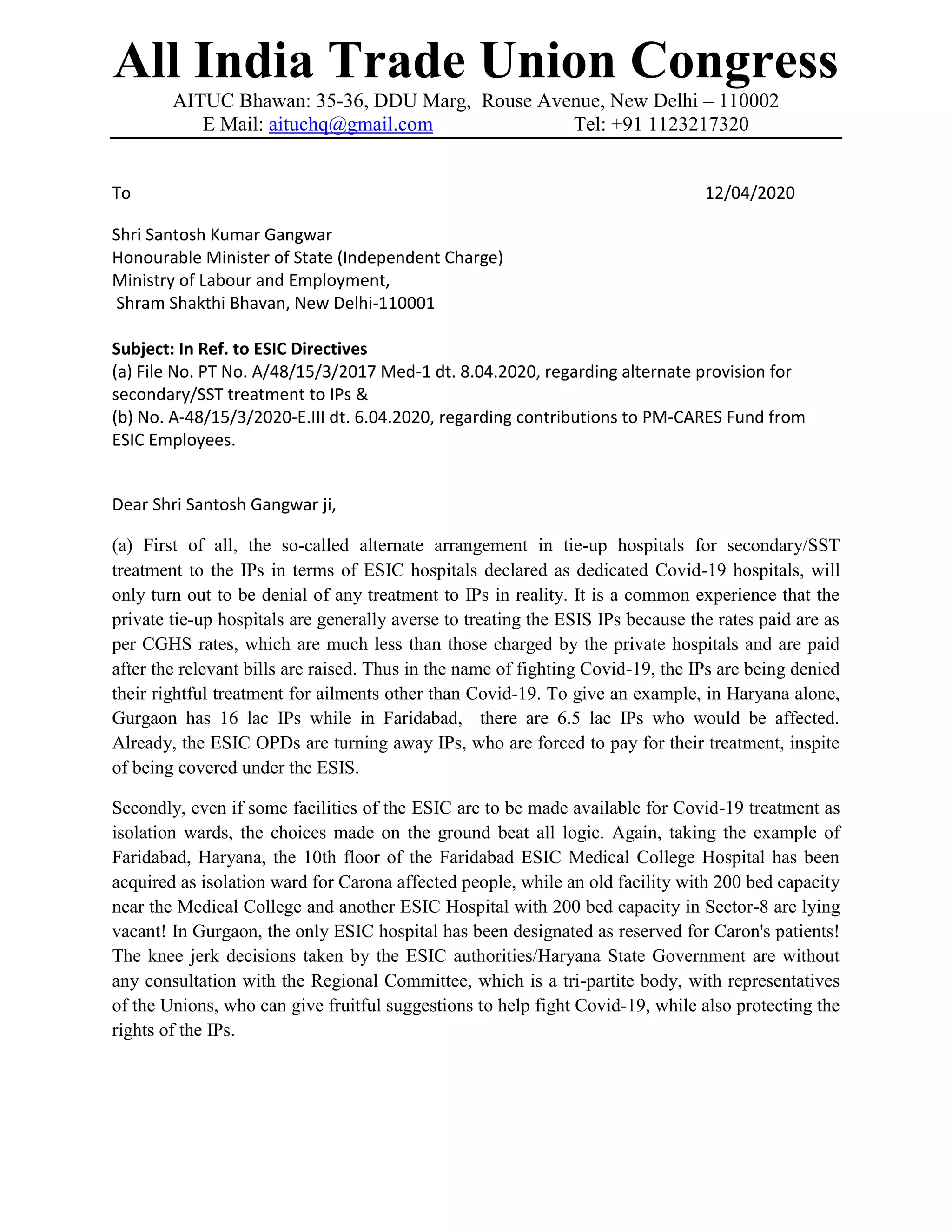 12th april letter to mo le esic | PDF