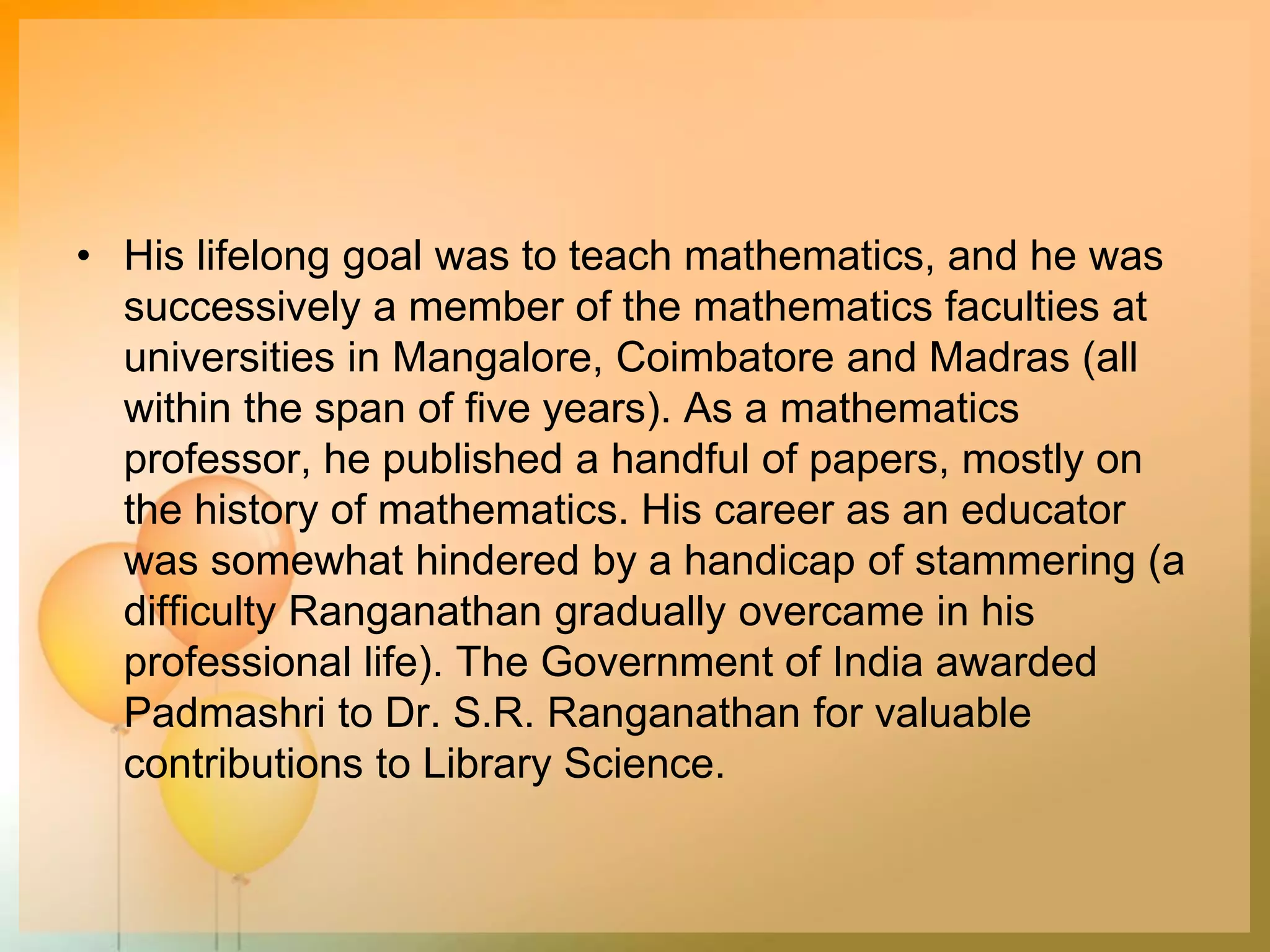 12th august is celebrated as national librarian’s day | PPTX