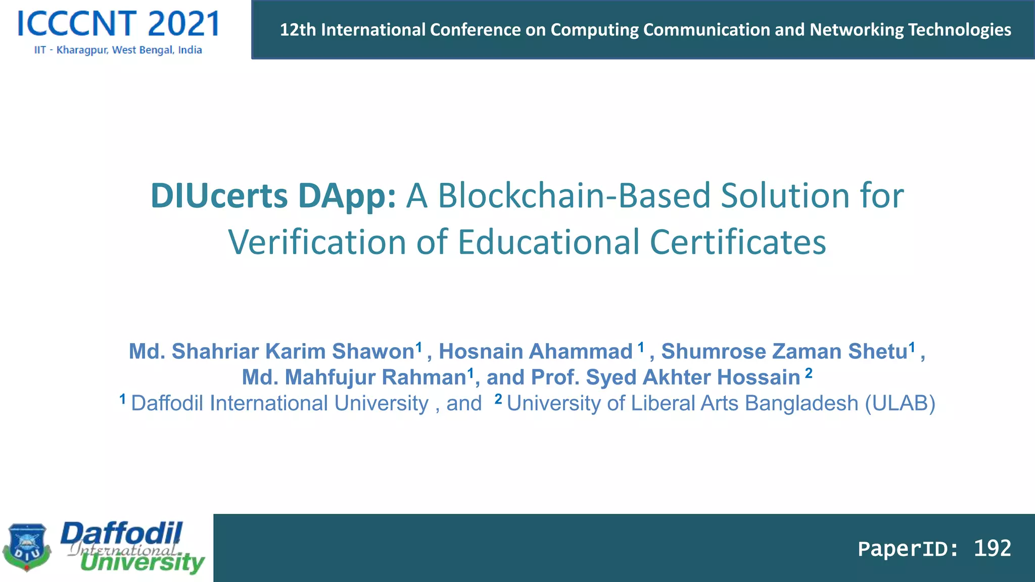 DIUcerts DApp: A Blockchain-Based Solution for Verification of ...