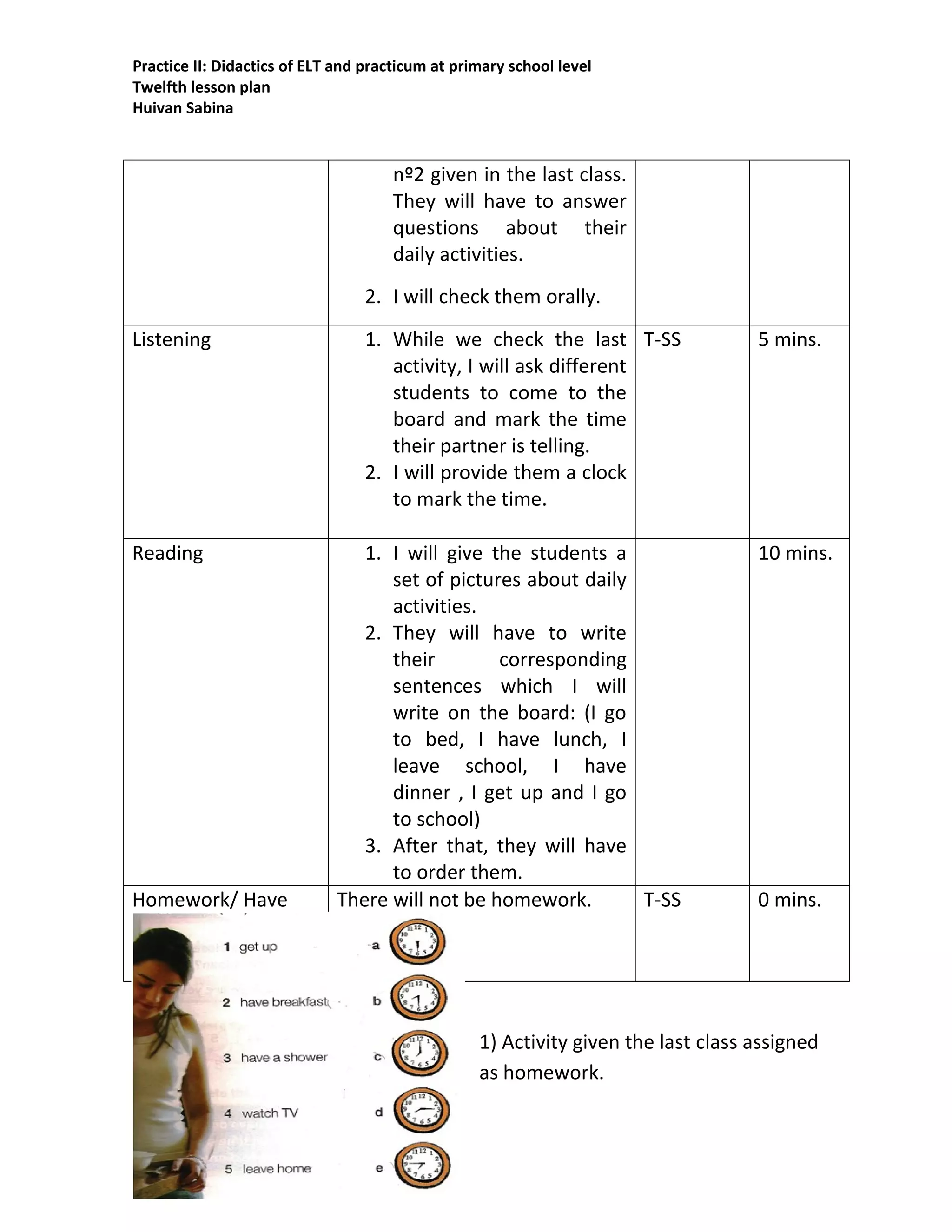 12th lesson plan time and routines | DOC | Homework and Study | Education
