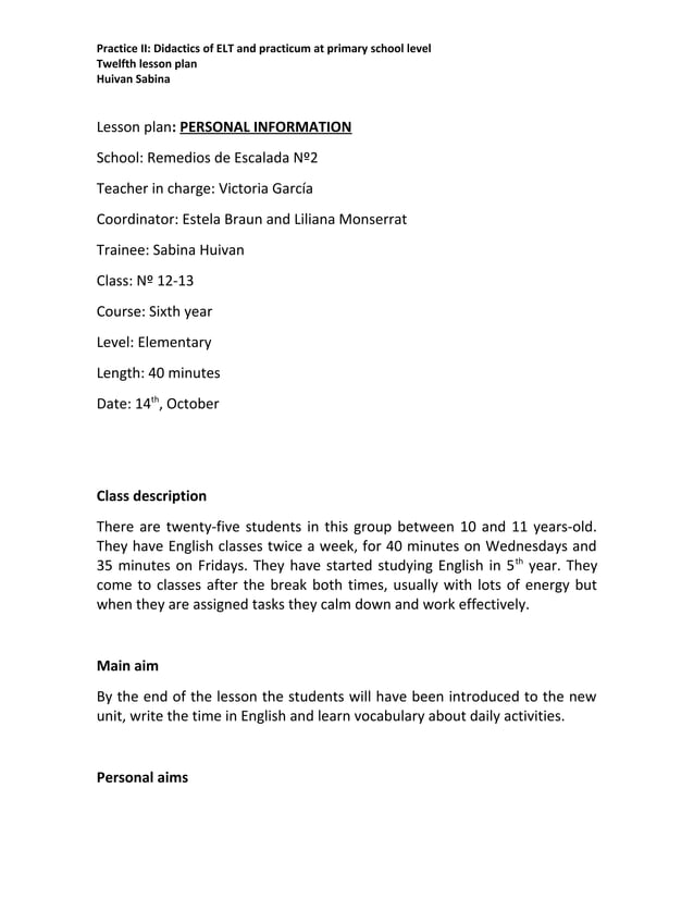 12th lesson plan time and routines | PDF