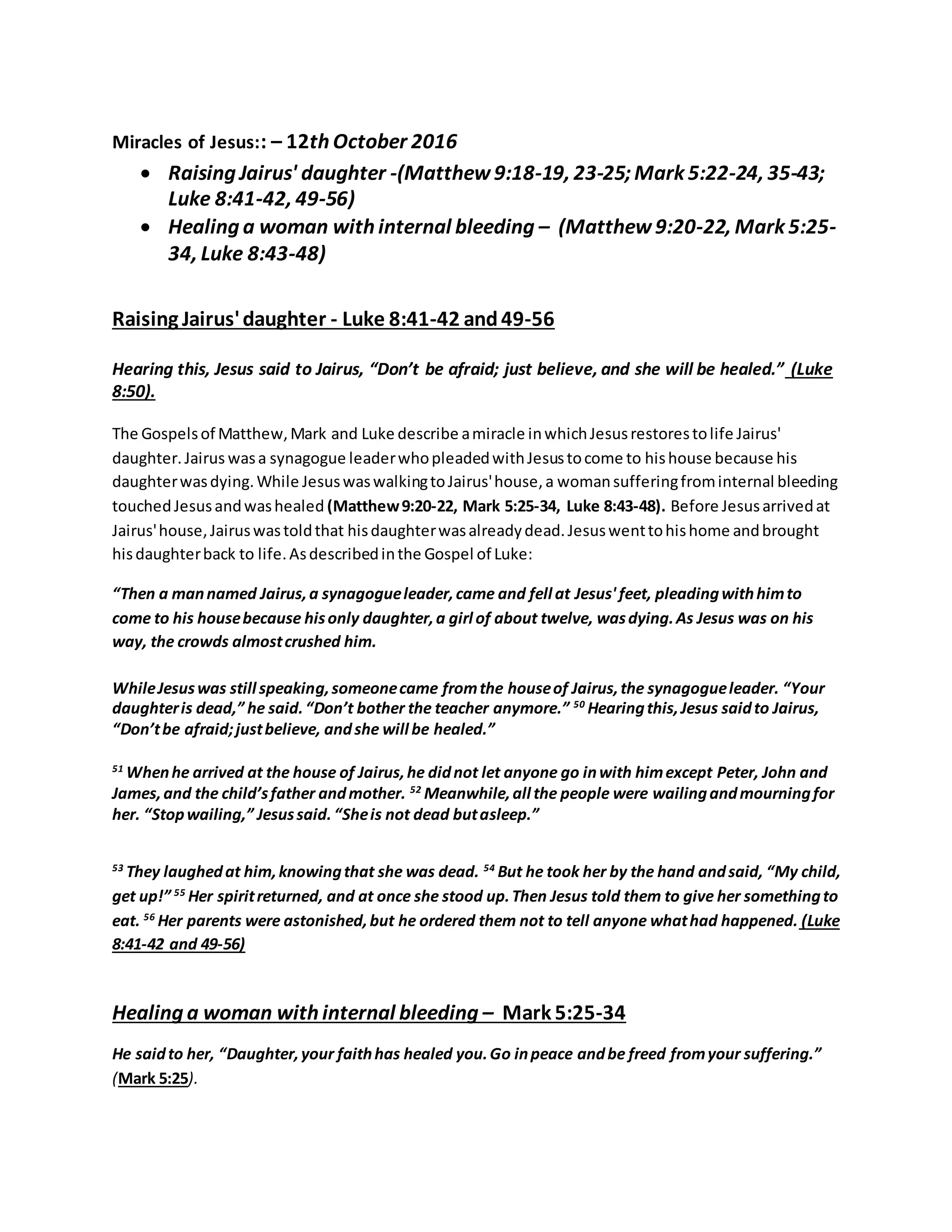 12th October 2016 - Miracles of Jesus Raising Jairus' daughter and ...