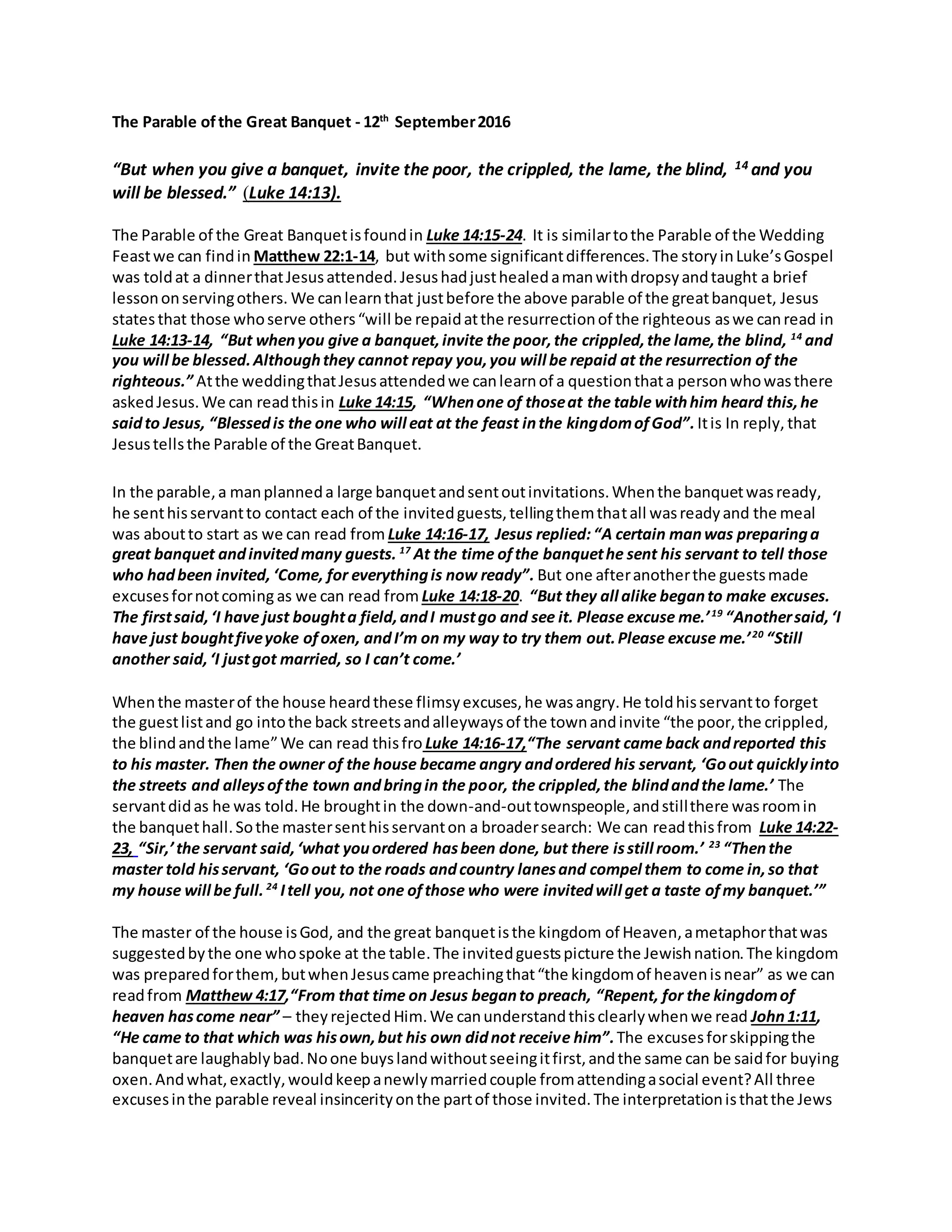 12th September 2016 - The Parable of the Great banquet | DOCX