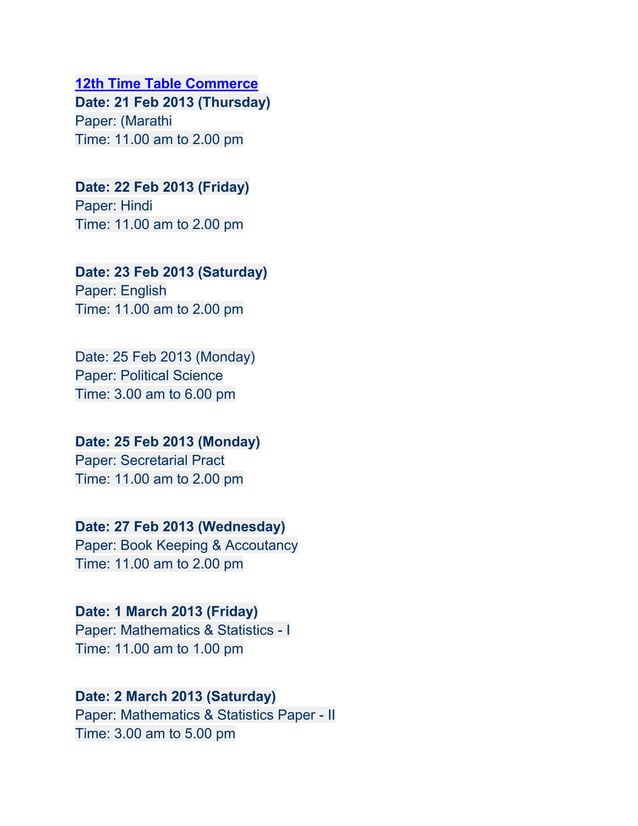 12th time table commerce | DOCX | Biological Sciences | Science