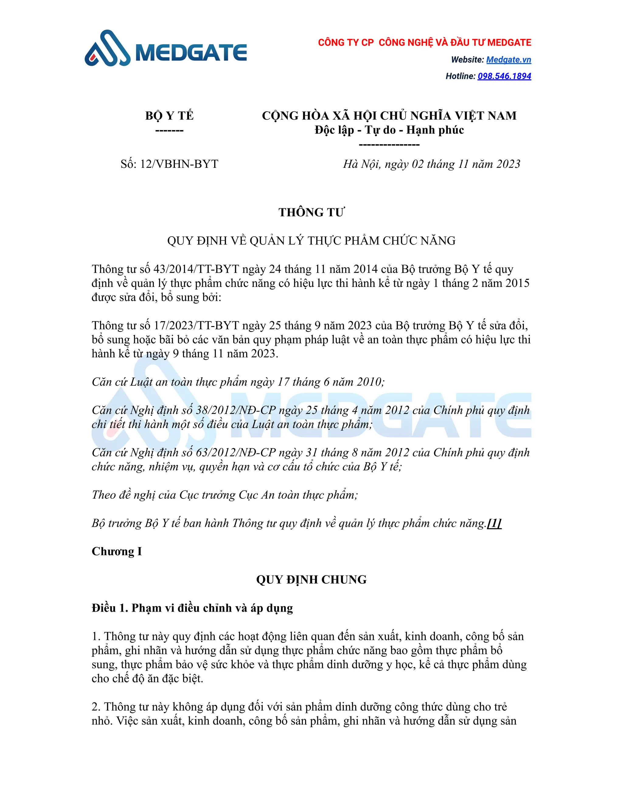 Thông tư 12/VBHN-BYT: Quy định về quản lý thực phẩm chứuc | PDF