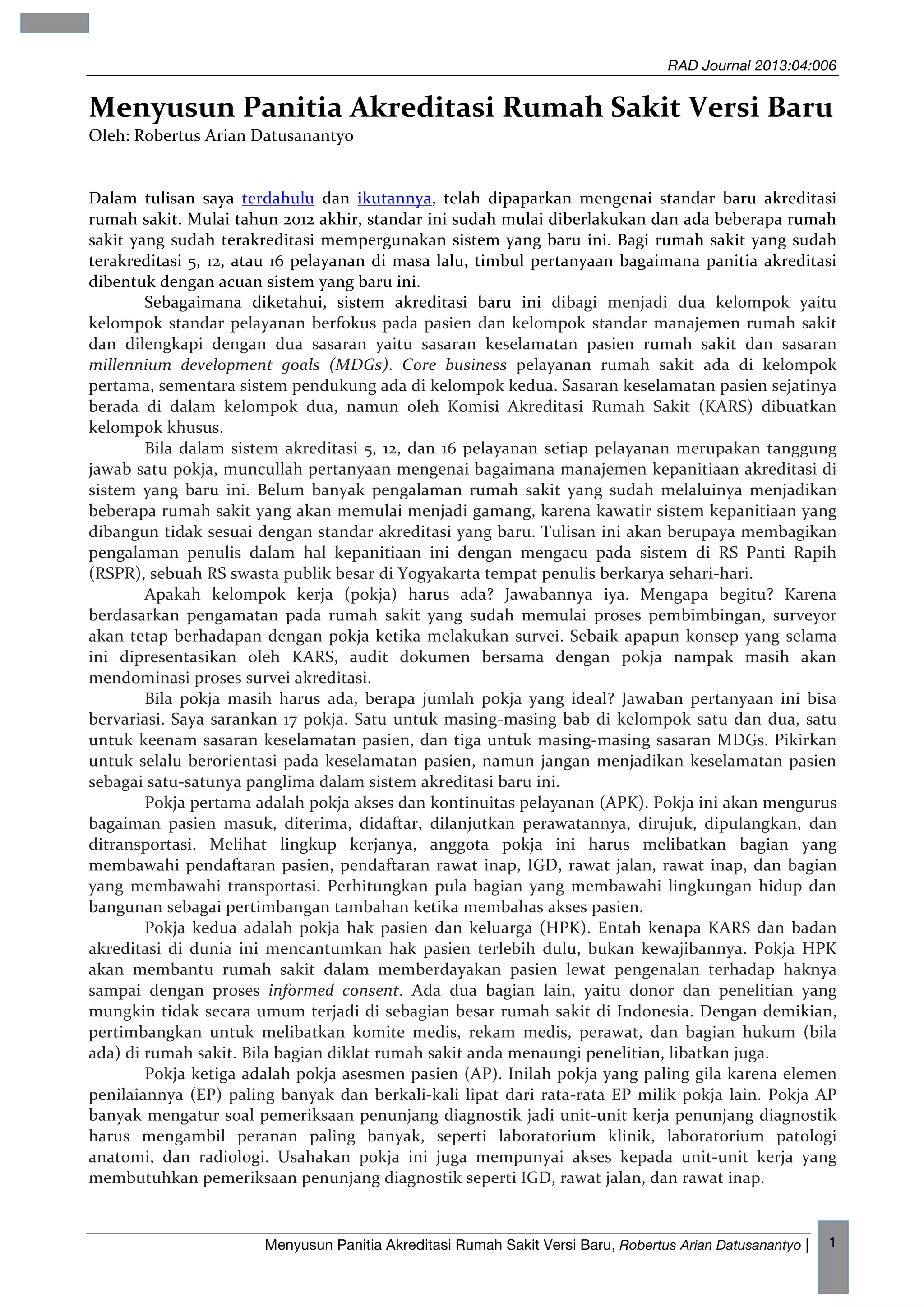 Menyusun Panitia Akreditasi Rumah Sakit Versi Baru | PDF