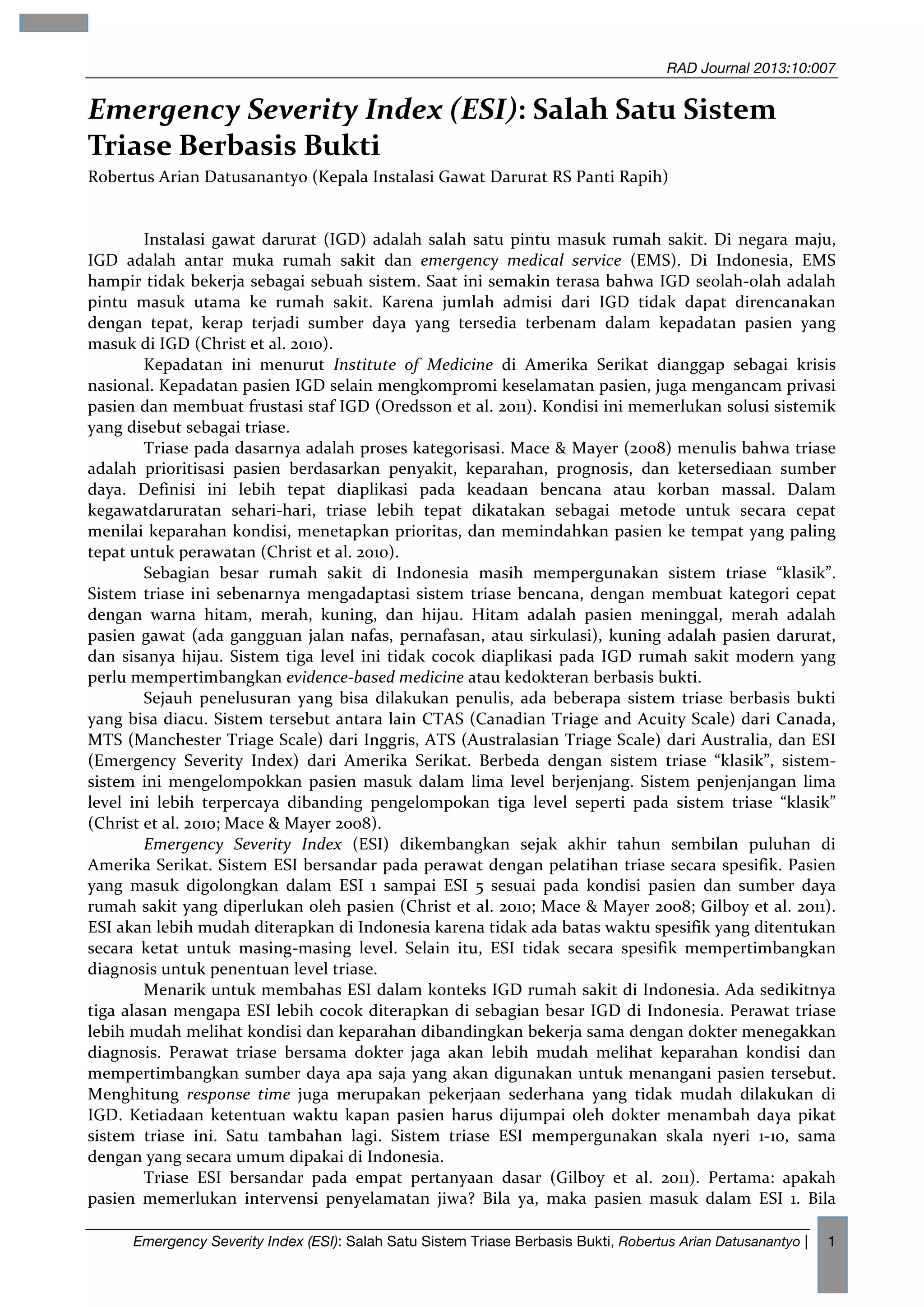 Emergency Severity Index (ESI): Salah Satu Sistem Triase Berbasis Bukti ...