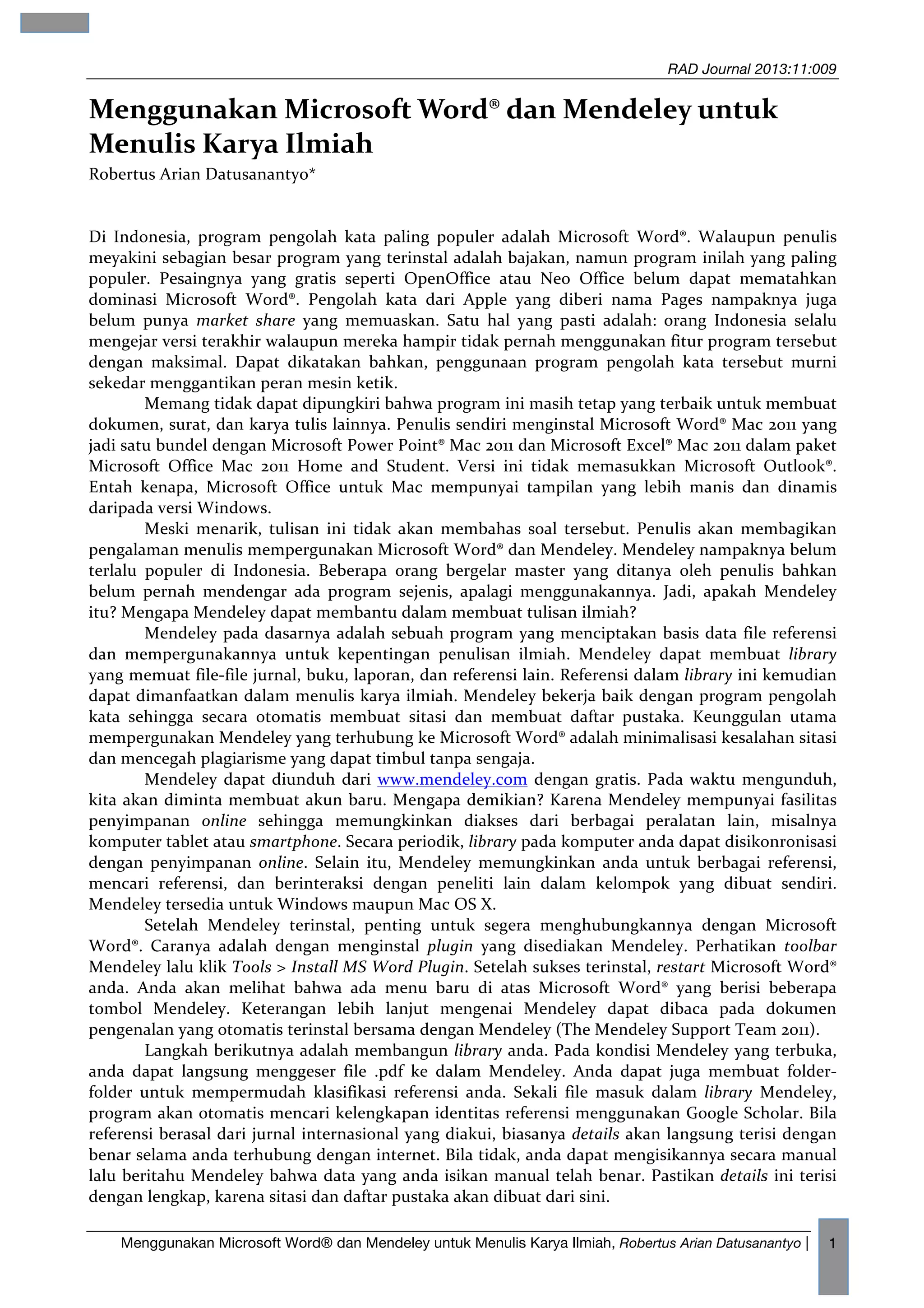 Menggunakan Microsoft Word(R) dan Mendeley untuk Menulis Karya Ilmiah | PDF