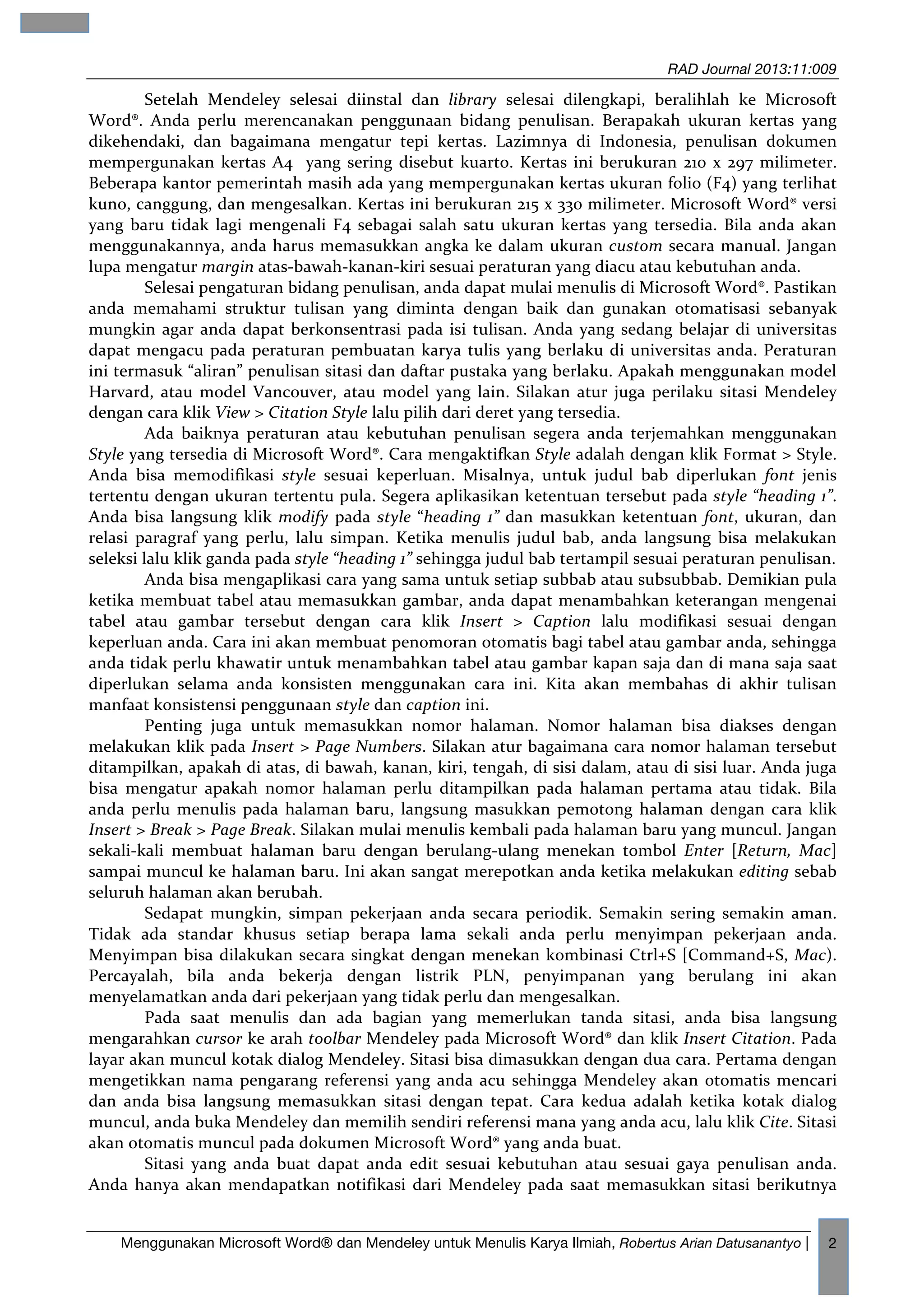 Menggunakan Microsoft Word(R) dan Mendeley untuk Menulis Karya Ilmiah | PDF