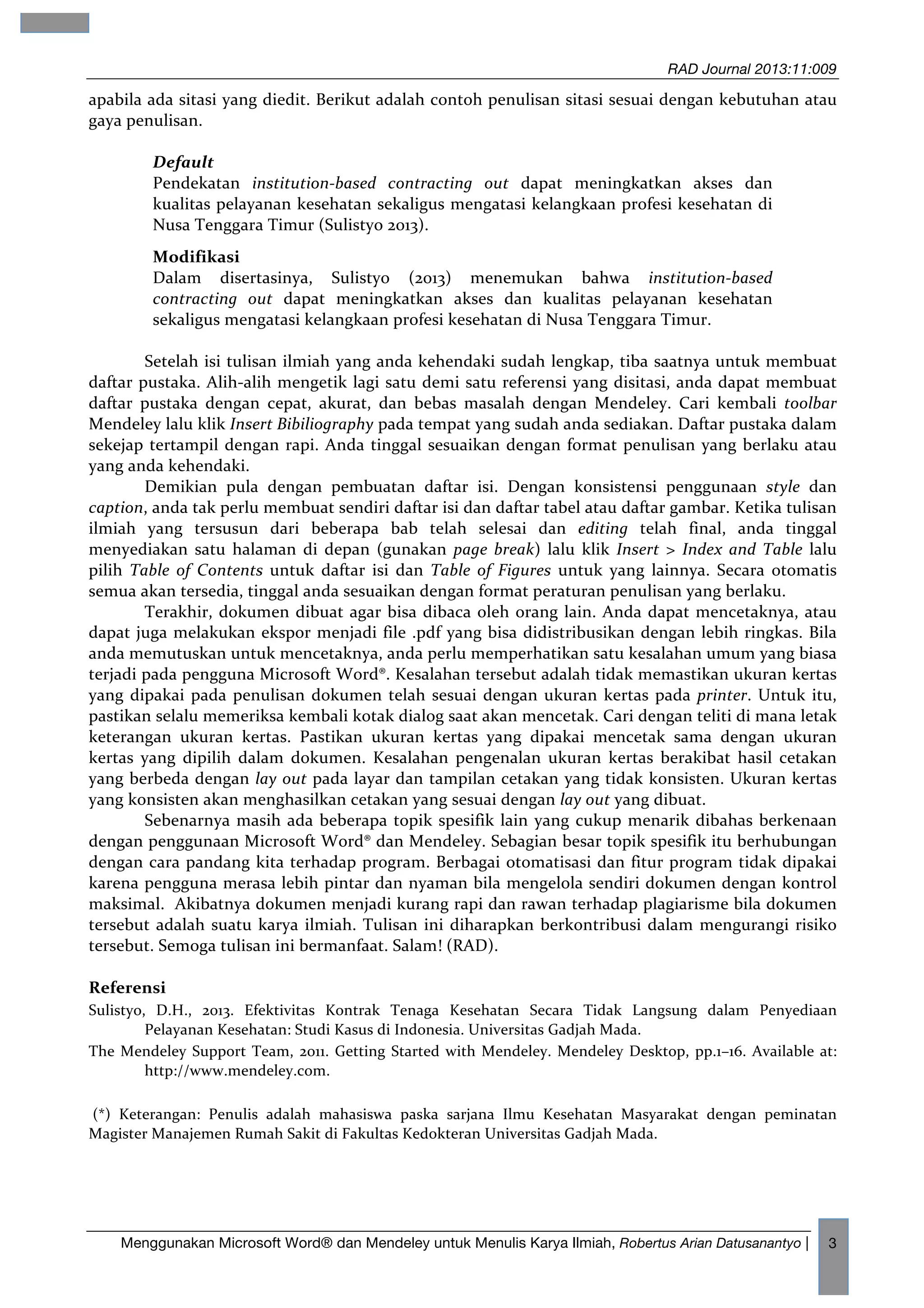 Menggunakan Microsoft Word(R) dan Mendeley untuk Menulis Karya Ilmiah | PDF
