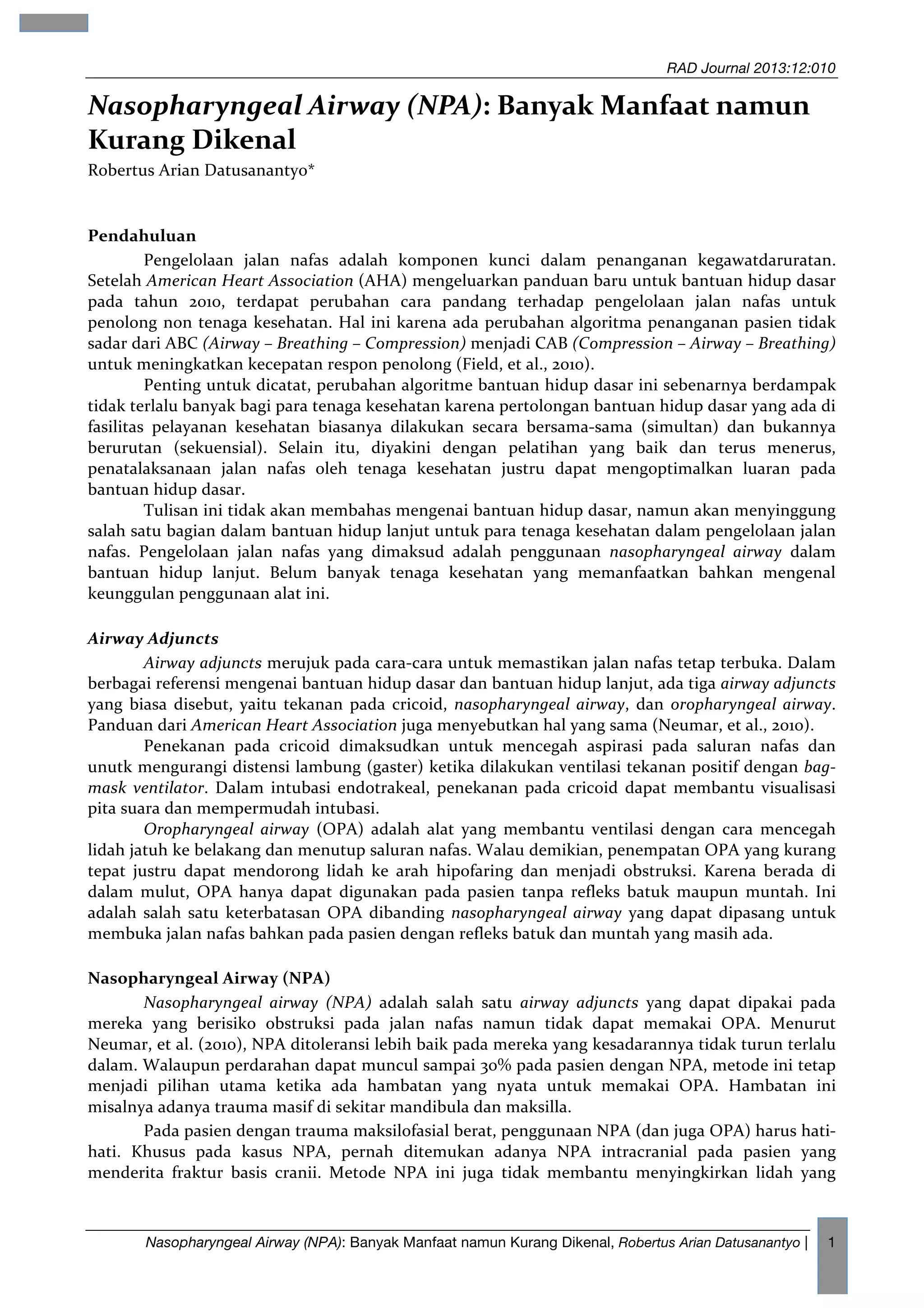 Nasopharyngeal Airway (NPA): Banyak Manfaat namun Kurang Dikenal | PDF