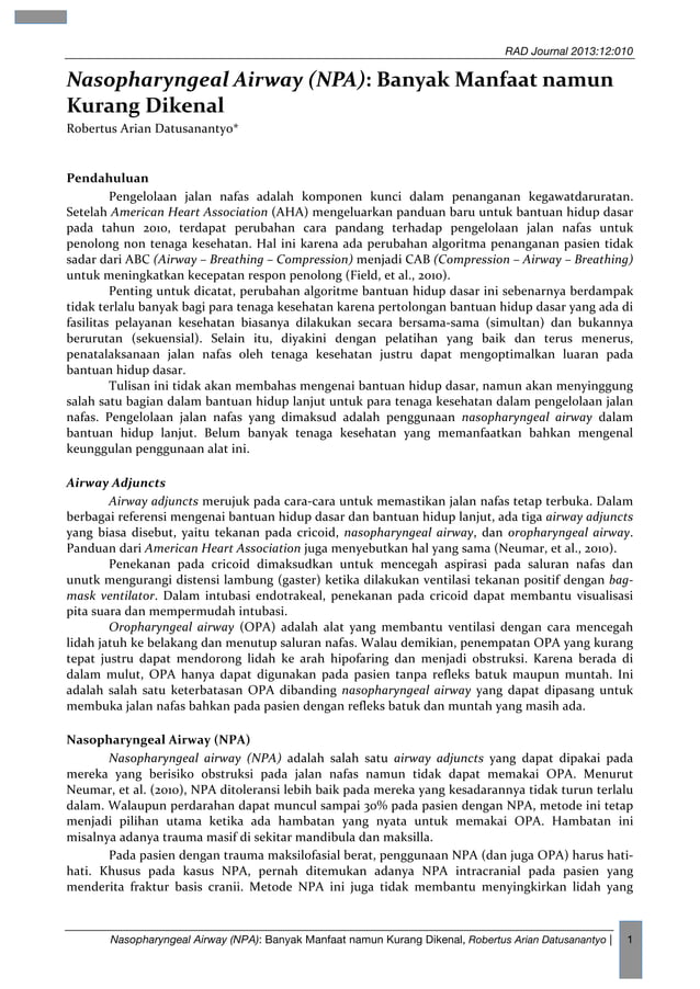 Nasopharyngeal Airway (NPA): Banyak Manfaat namun Kurang Dikenal | PDF