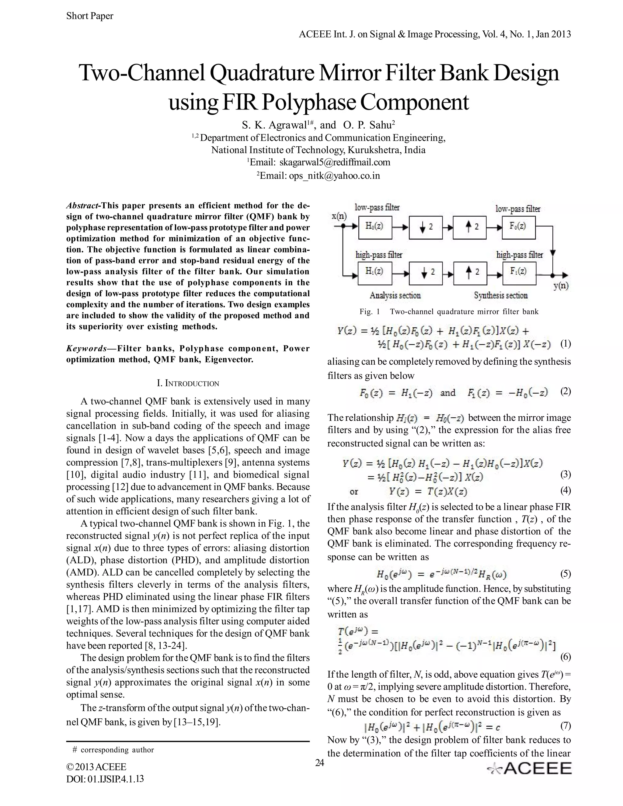 Two-Channel Quadrature Mirror Filter Bank Design using FIR Polyphase Component | PDF