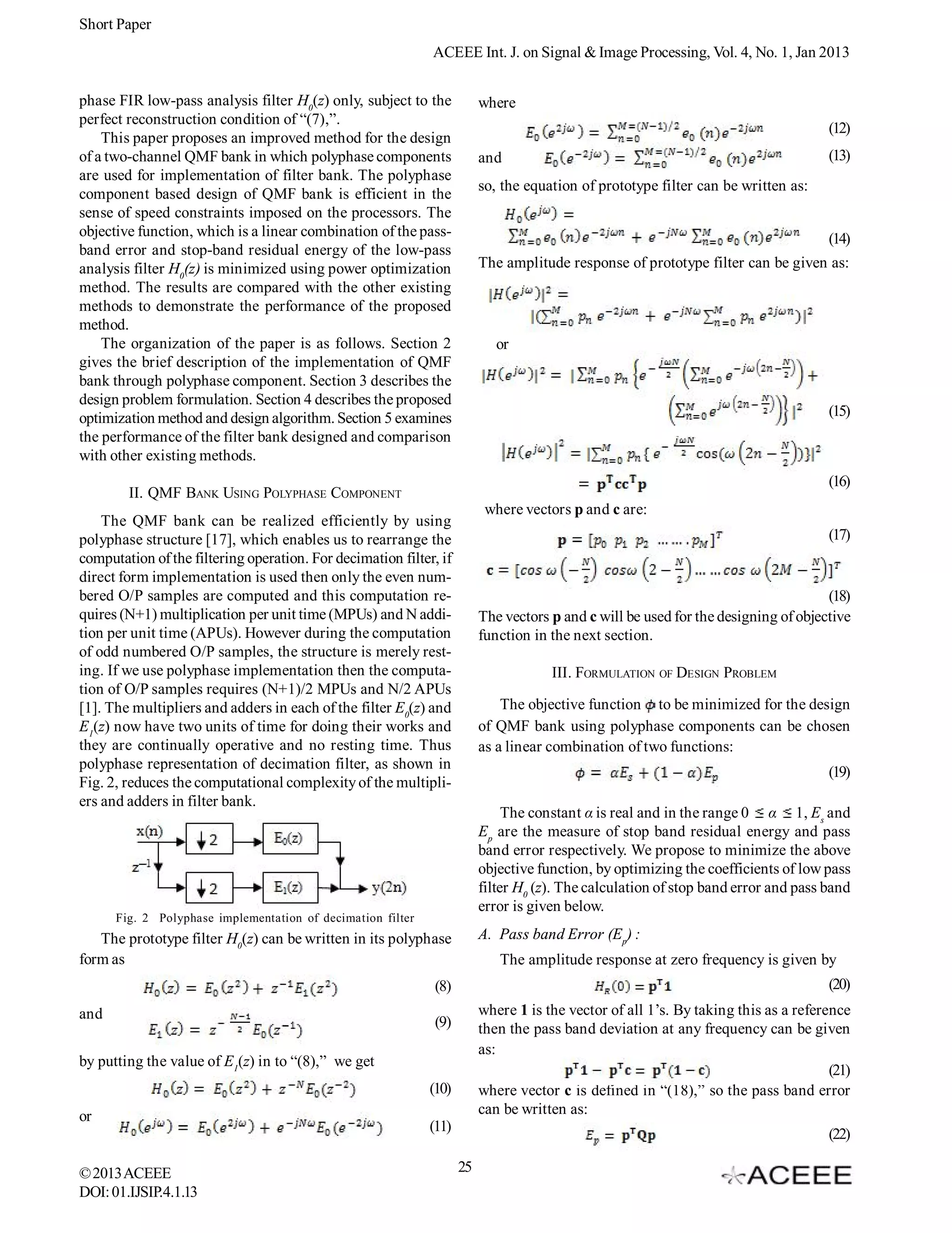 Two-Channel Quadrature Mirror Filter Bank Design using FIR Polyphase Component | PDF