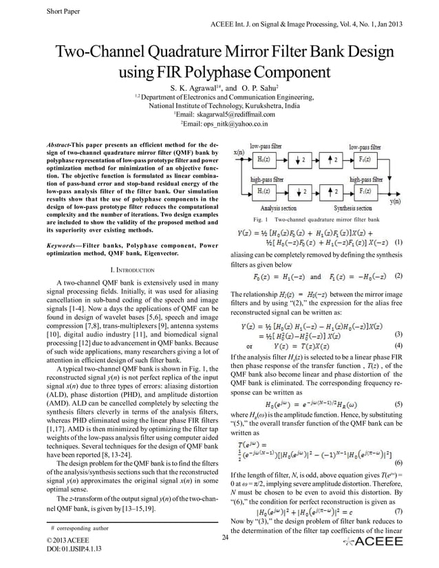 Two-Channel Quadrature Mirror Filter Bank Design using FIR Polyphase ...
