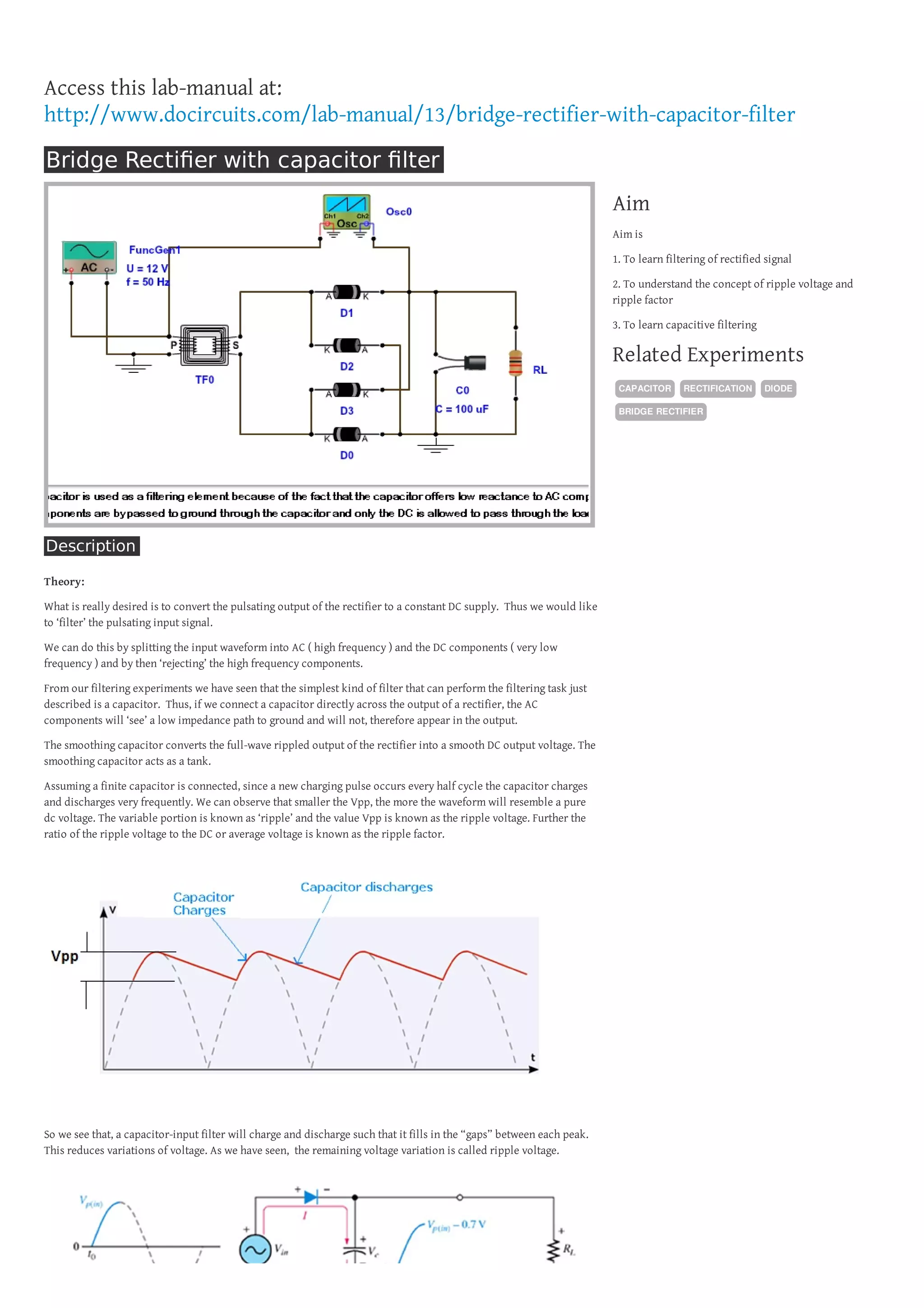 Bridge Rectifier with Capacitor filter | PDF