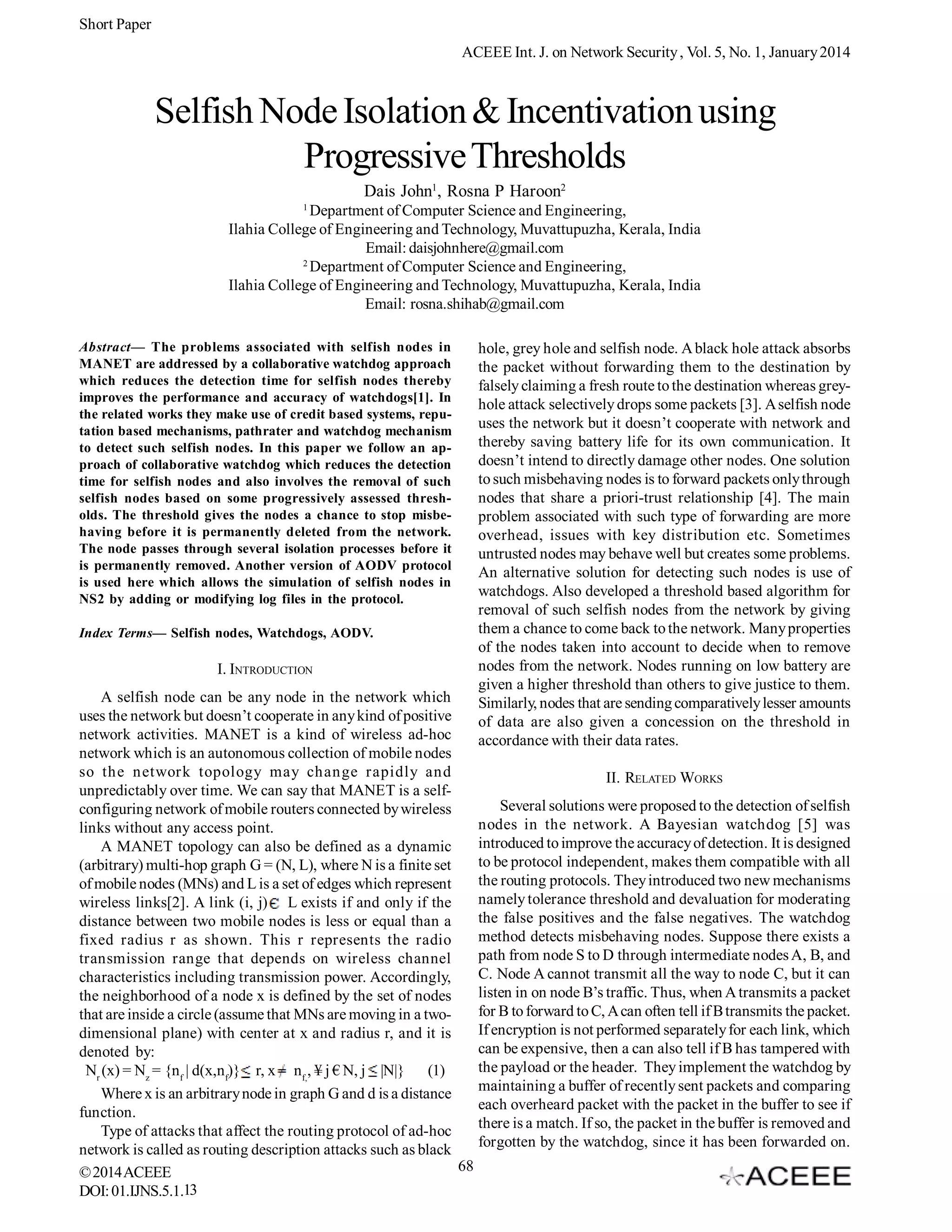 Selfish Node Isolation & Incentivation using Progressive Thresholds | PDF | Computer Networking ...